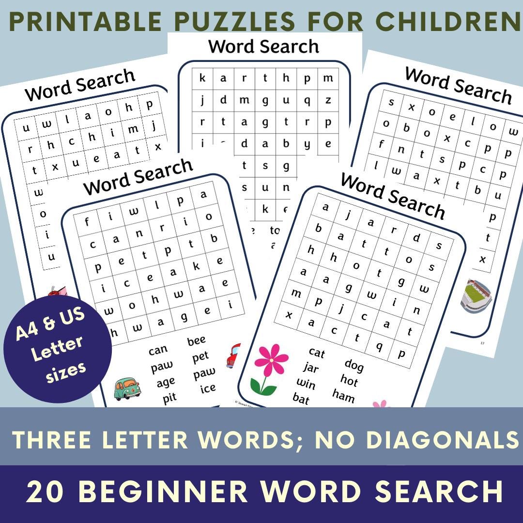 Beginner Three-letter Word Search Puzzle Sheets for Kids | Instant ...