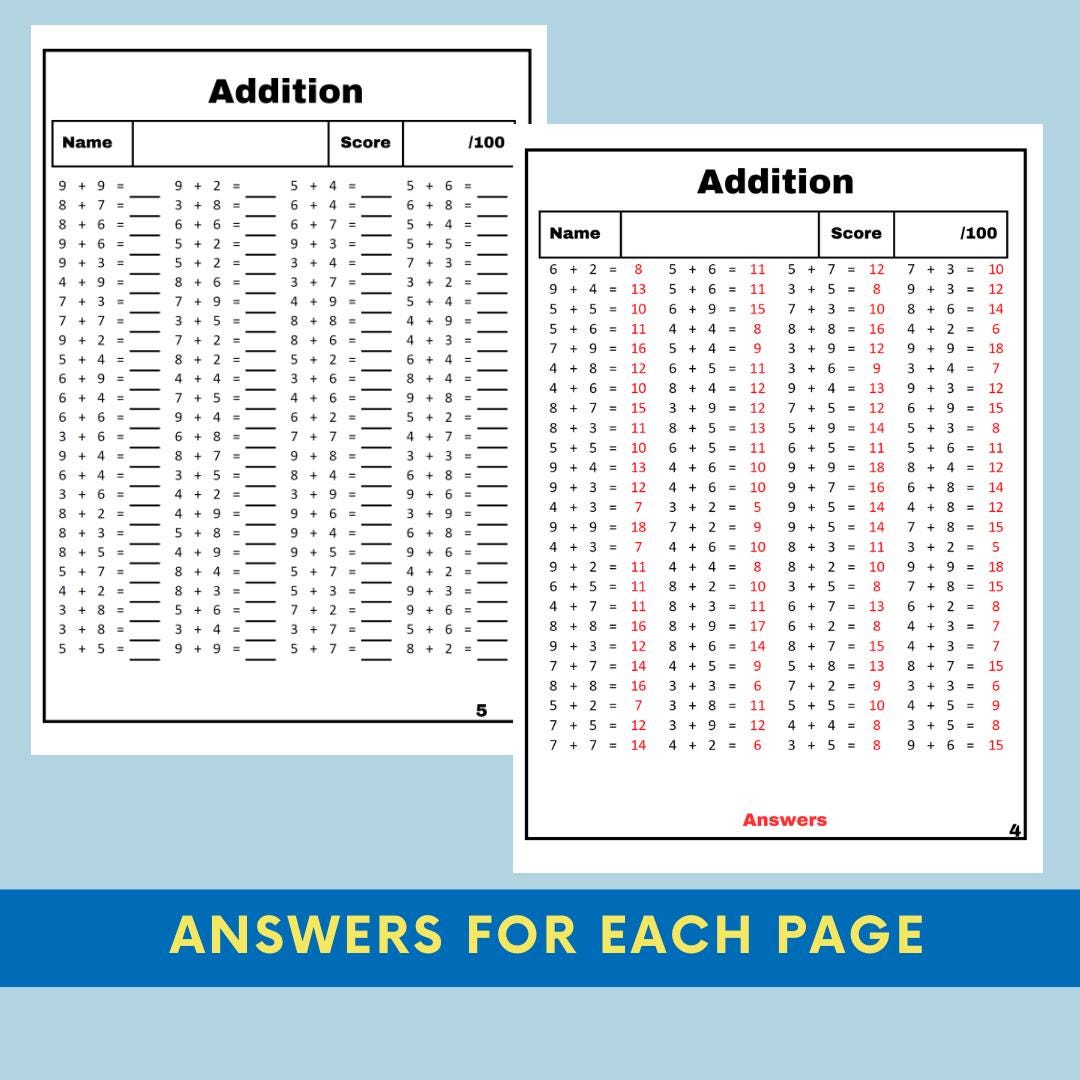 25 Printable Addition Worksheets, Fill in the Blanks - Single Digit ...