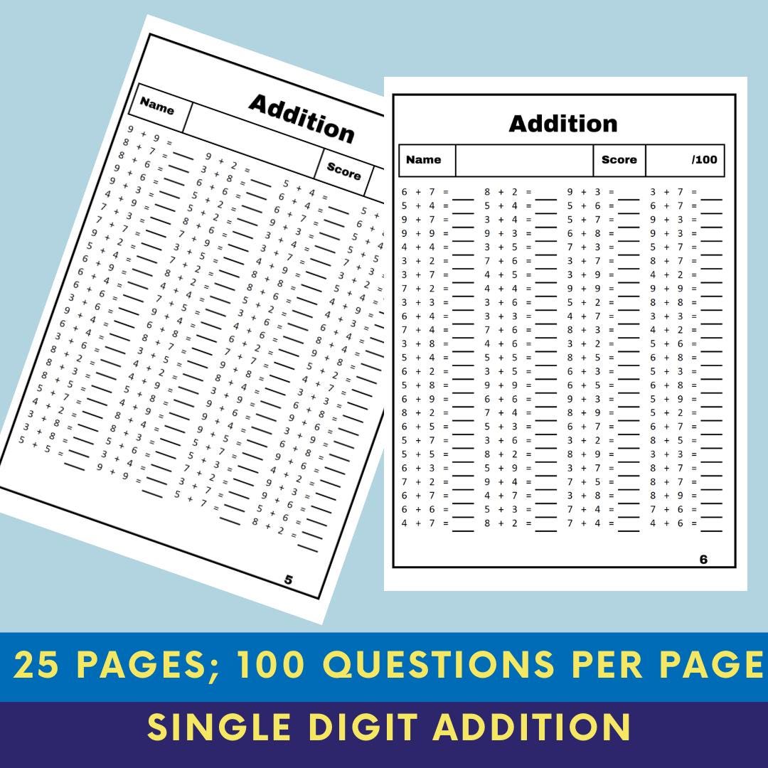 25 Printable Addition Worksheets, Fill in the Blanks - Single Digit ...
