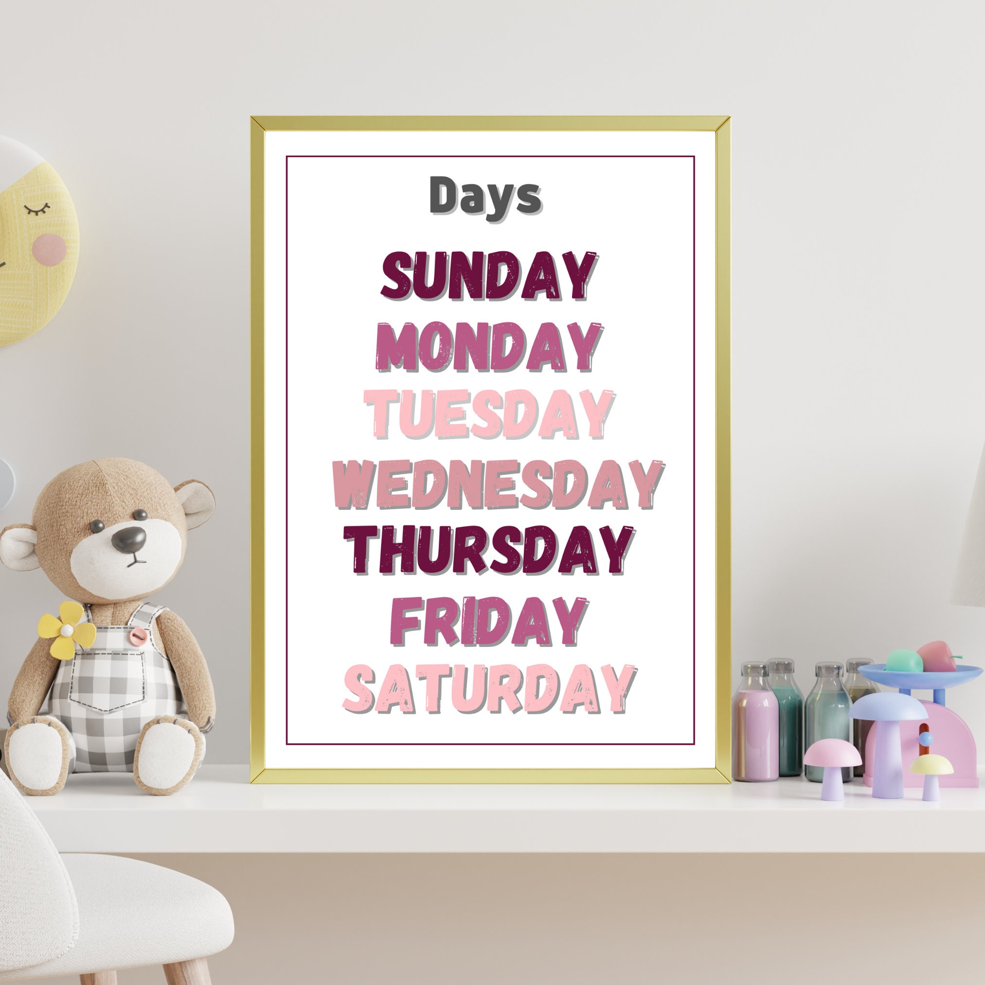 Days of the Week Pink Poster Educational Wall Art Homeschool ...