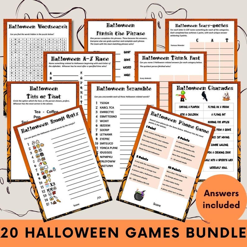 Halloween Printable 20 Game Bundle | Halloween Party Games | Games for ...