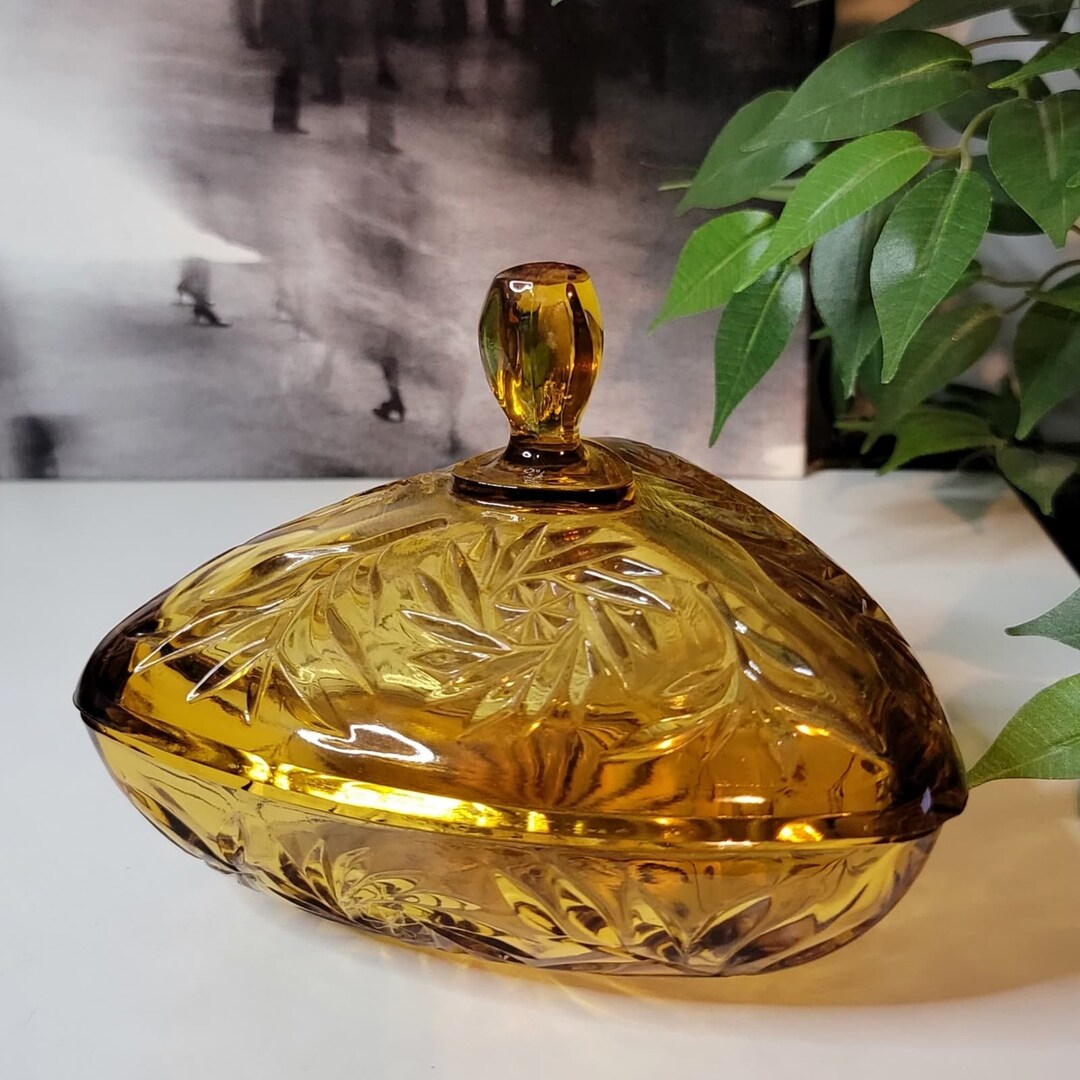 Vintage Hazel Atlas Amber Lidded Triangle Candy Dish | Pressed Glass ...