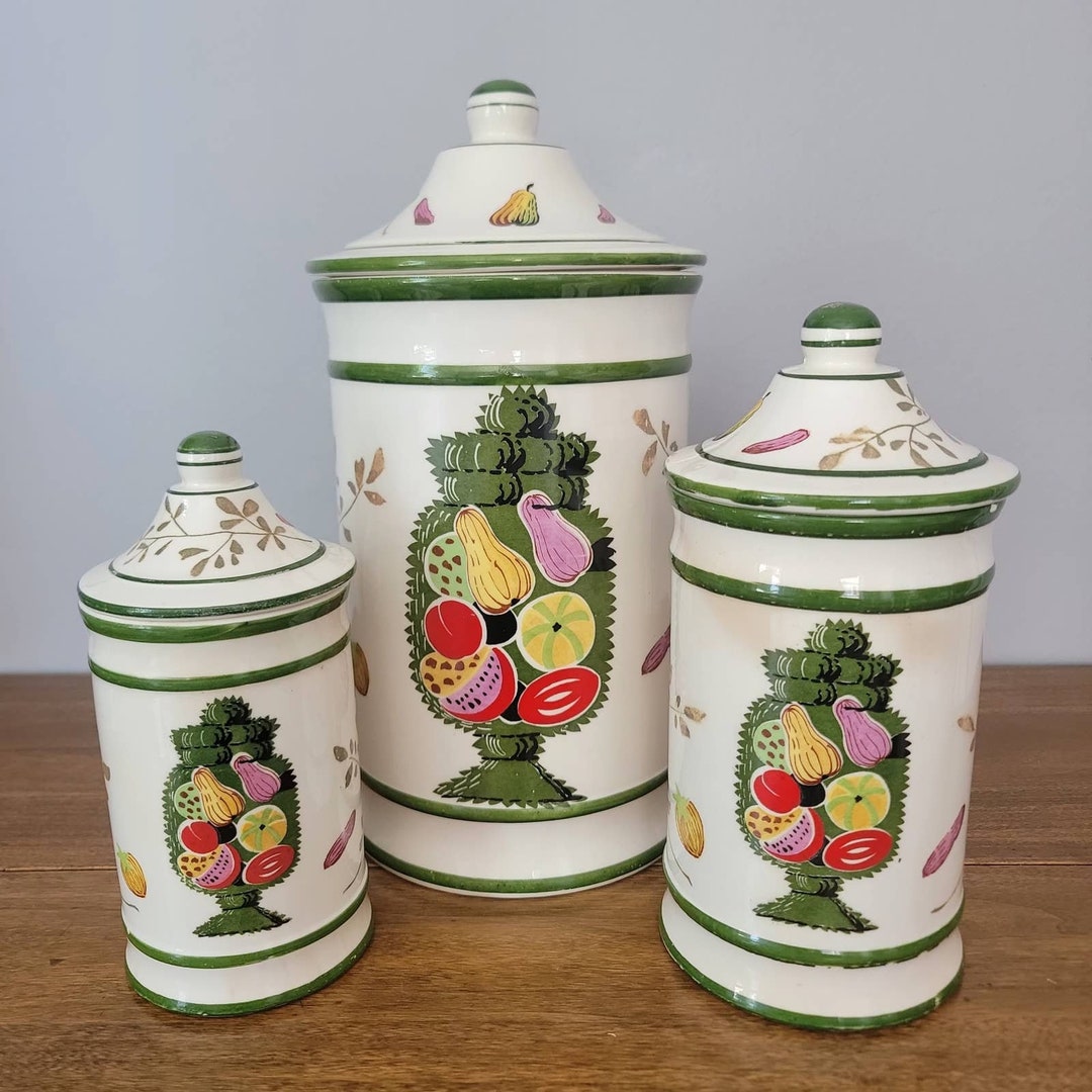 Vintage Hand Painted Kitchen Canisters Lids Ceramic Fruit Bowl Still ...