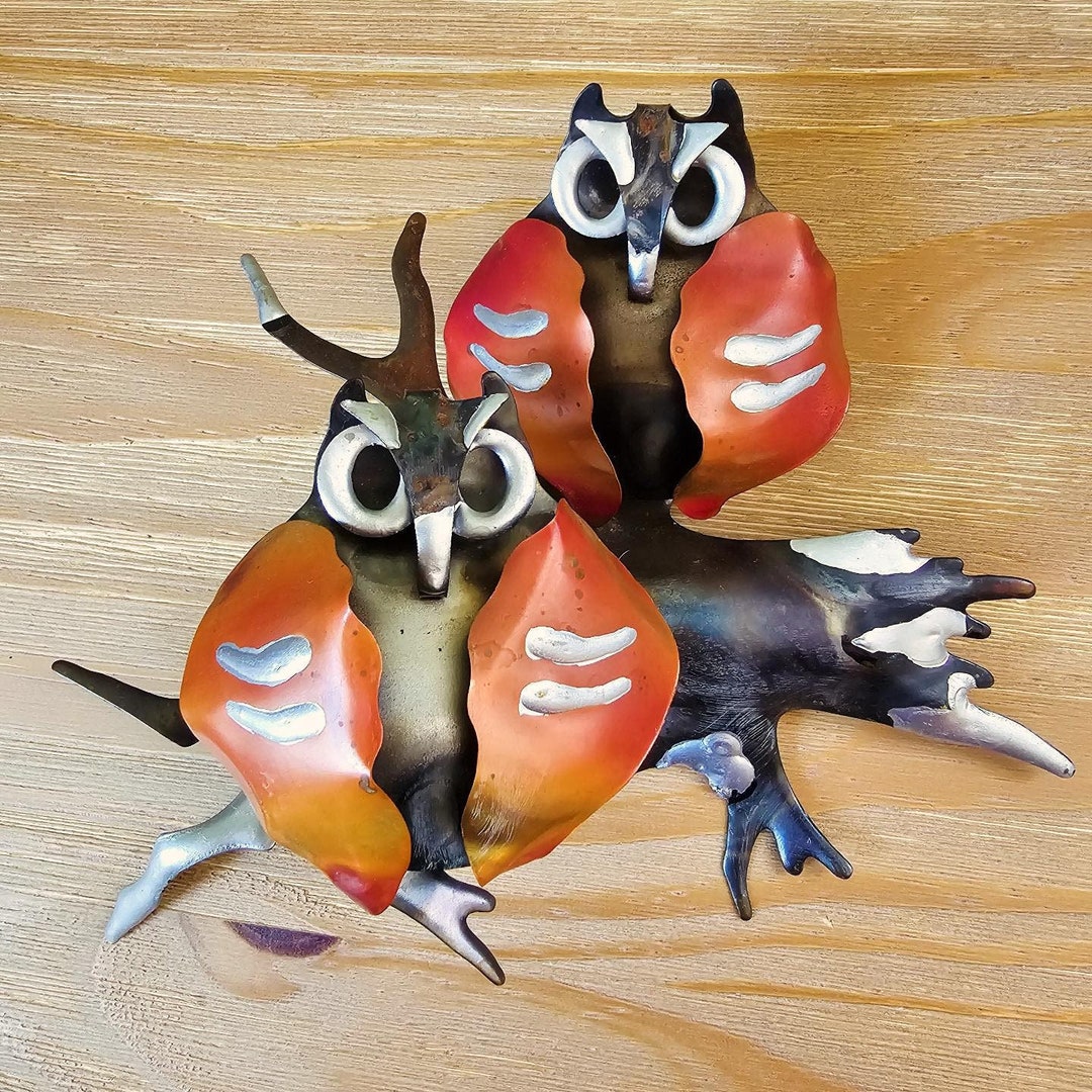 Vintage 3D Anodized Brass Owl Wall Hanging | Metal Art | Owls on Branch ...