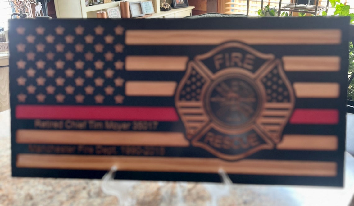 Personalized Fireman Flag, Fire Chief, Wooden Flag, Engraved Flag, Fire ...