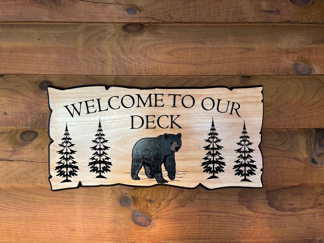 Personalized Rustic Wood Welcome Sign: Black Bear & Pine Trees for ...