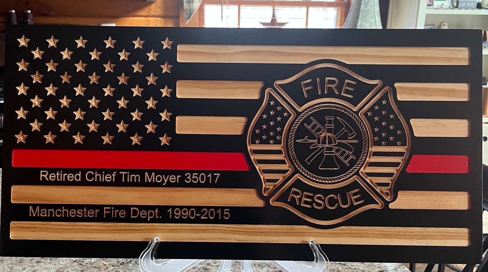Personalized Fireman Flag, Fire Chief, Wooden Flag, Engraved Flag, Fire ...
