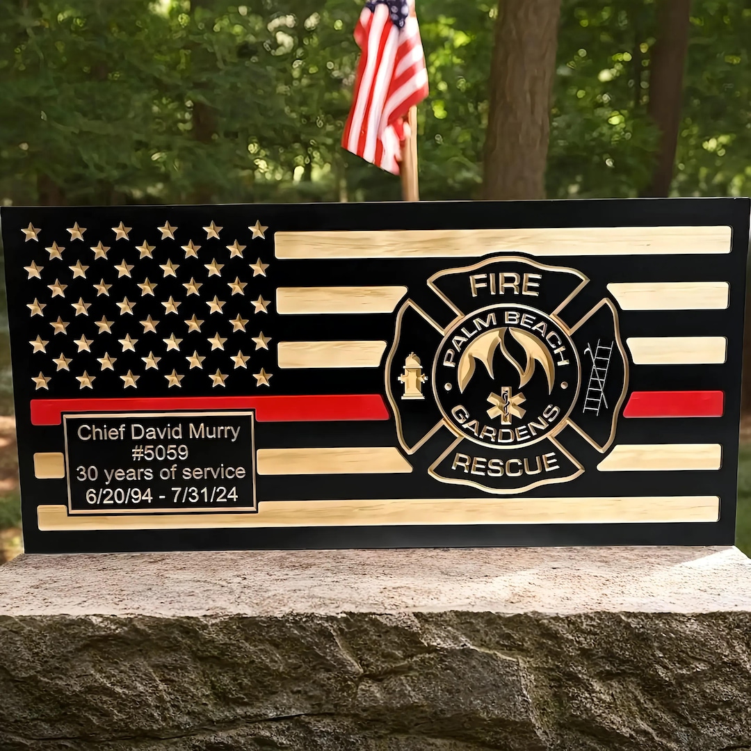 Personalized Wooden Firefighter Flag Engraved Gift for First Responders ...