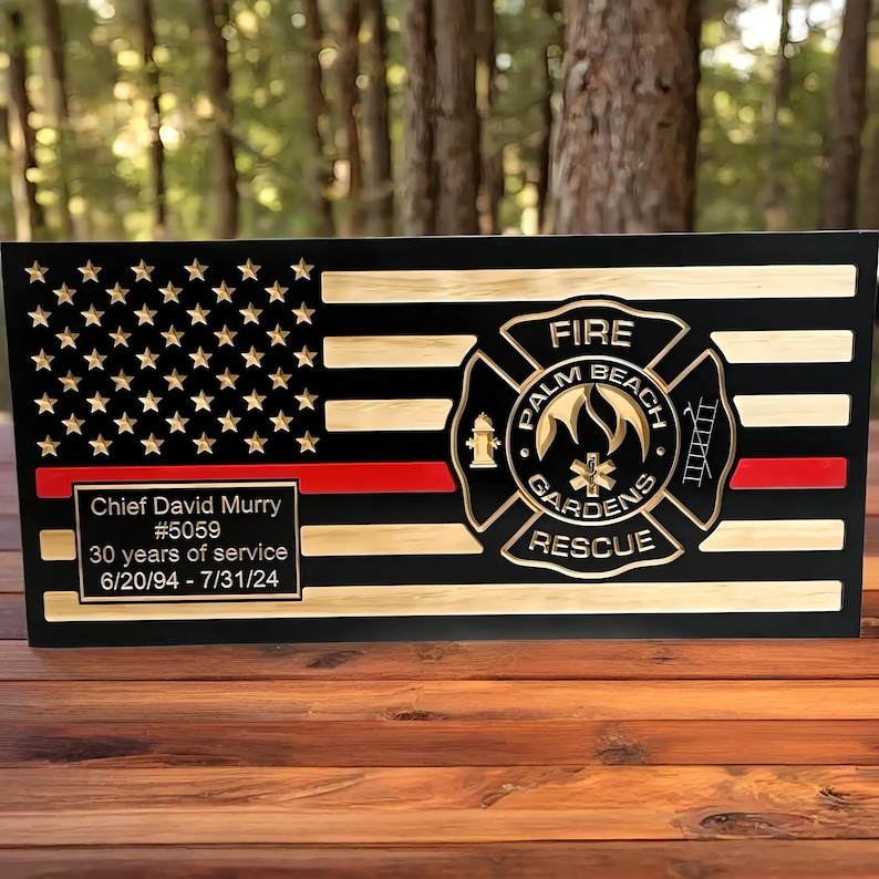 Personalized Wooden Firefighter Flag Engraved Gift for First Responders ...