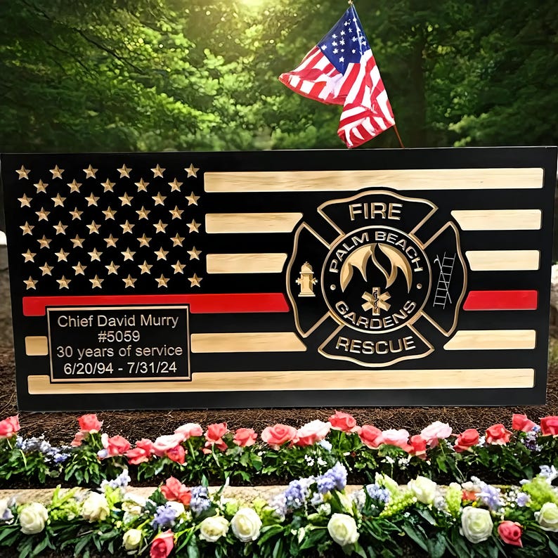 Personalized Wooden Firefighter Flag Engraved Gift for First Responders ...