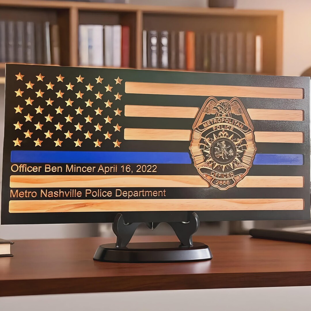Personalized Thin Blue Line Police Flag With Badge: Handcrafted Wood ...