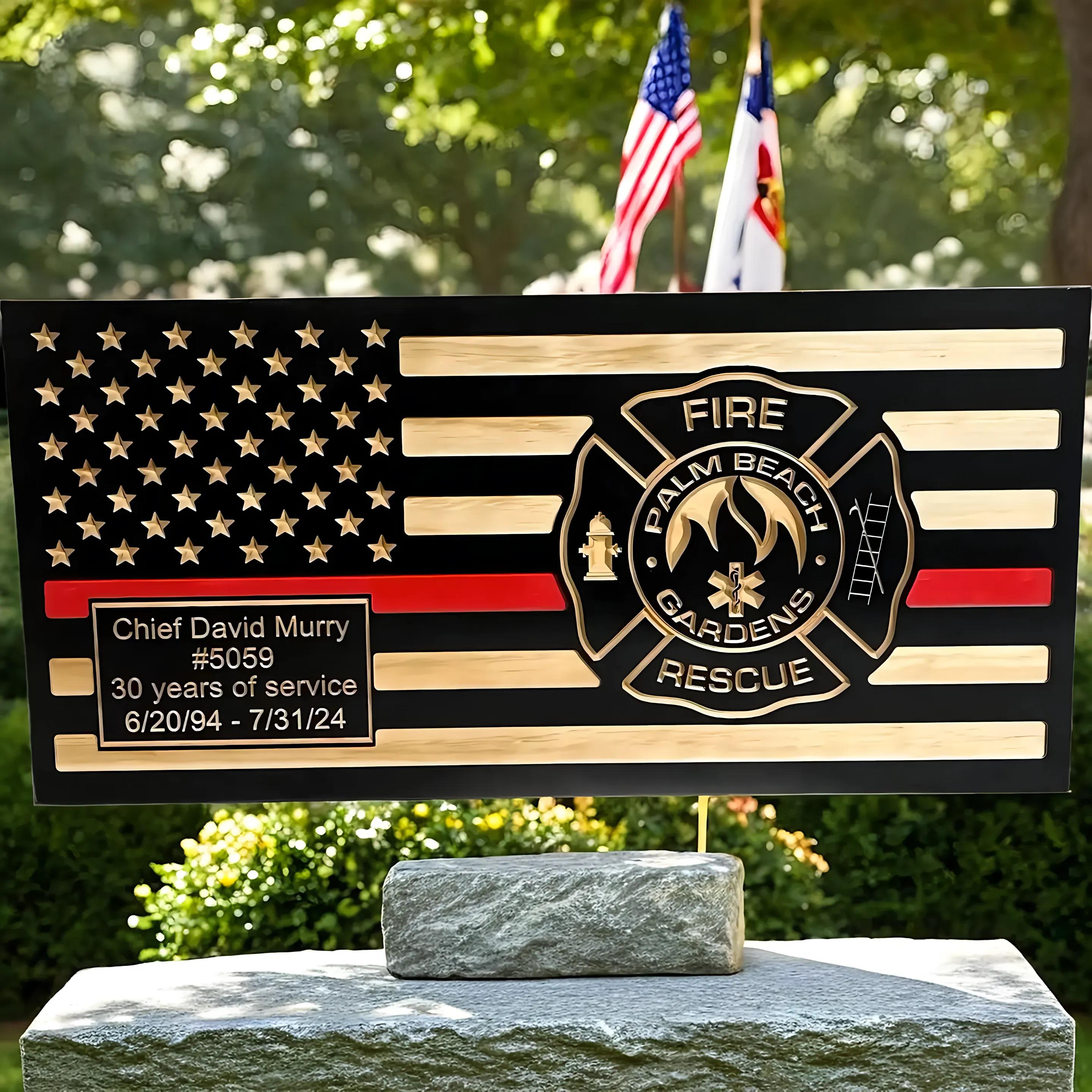 Personalized Wooden Firefighter Flag Engraved Gift for First Responders ...