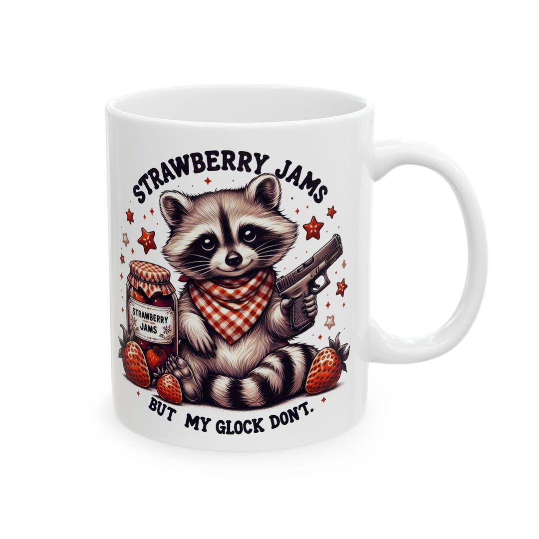 Strawberry Jams Glock Cute Racoon Ceramic Mug, Funny Animal Coffee Cup ...