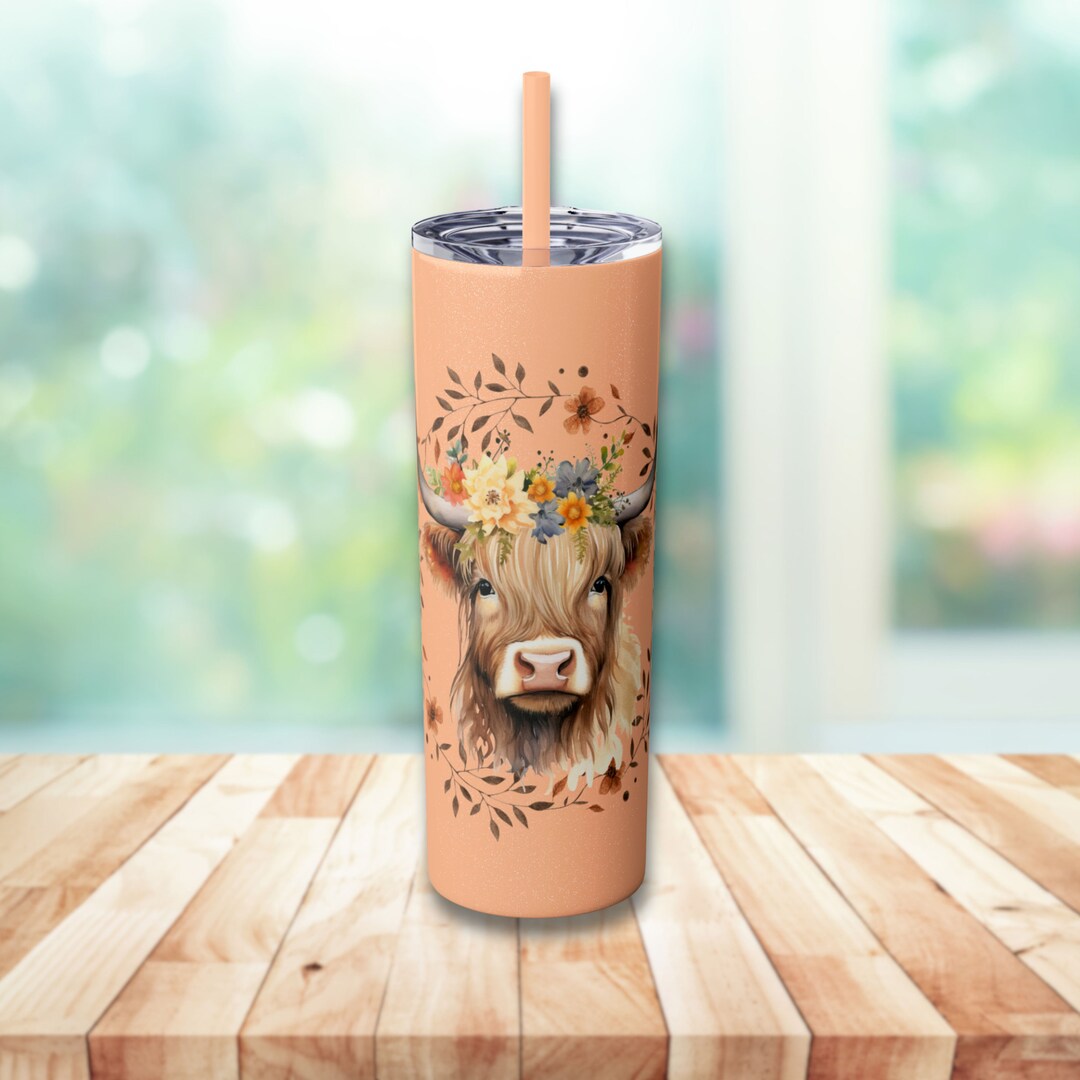 Glitter Blush Highland Cow Skinny Tumbler With Straw 20oz - Etsy