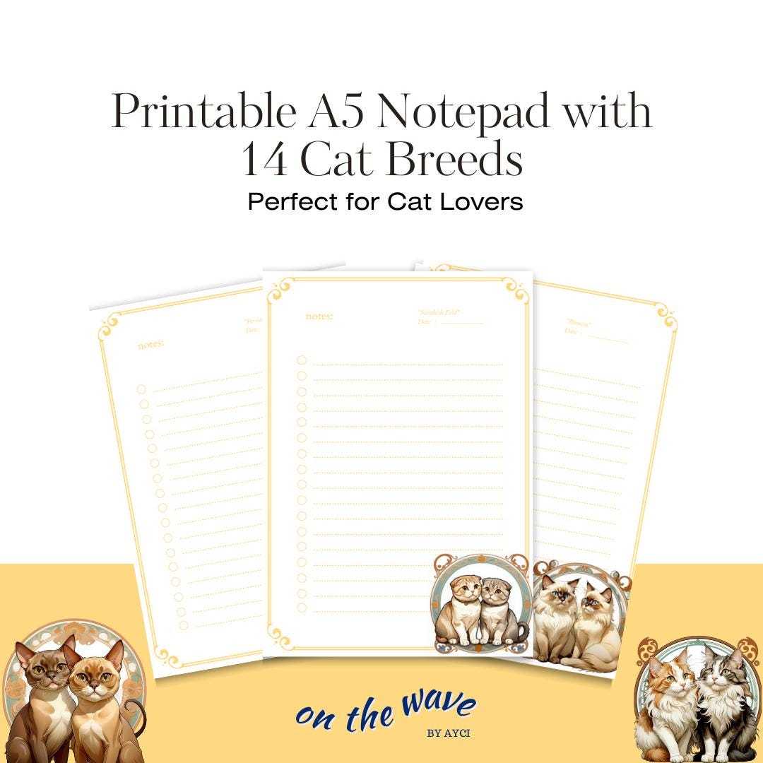 Printable Cat Notepad | 14 Cat Breeds Couple Design | Digital Notepad ...