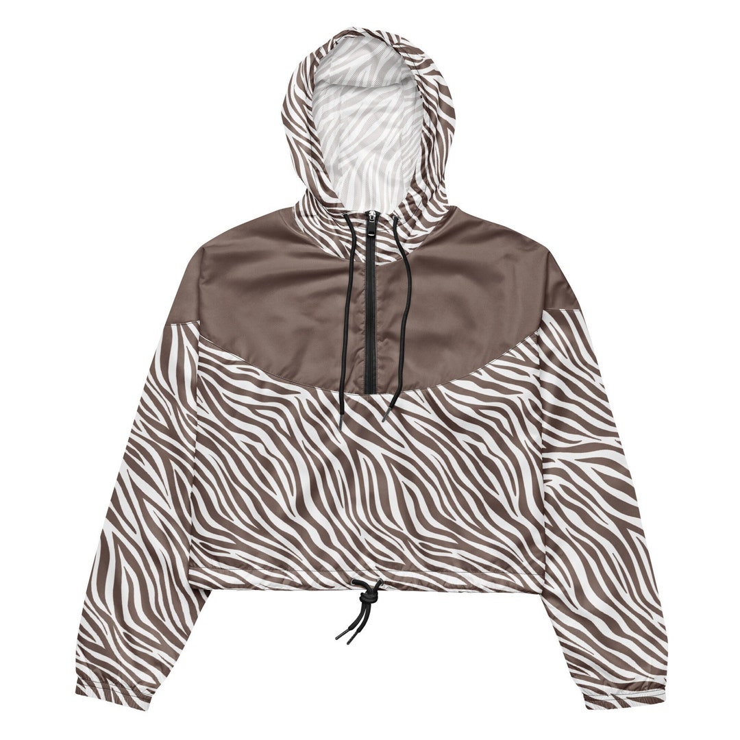 MONK Beige Crop Top Windbreaker for Women/ Abstract Pattern Hooded Coat ...