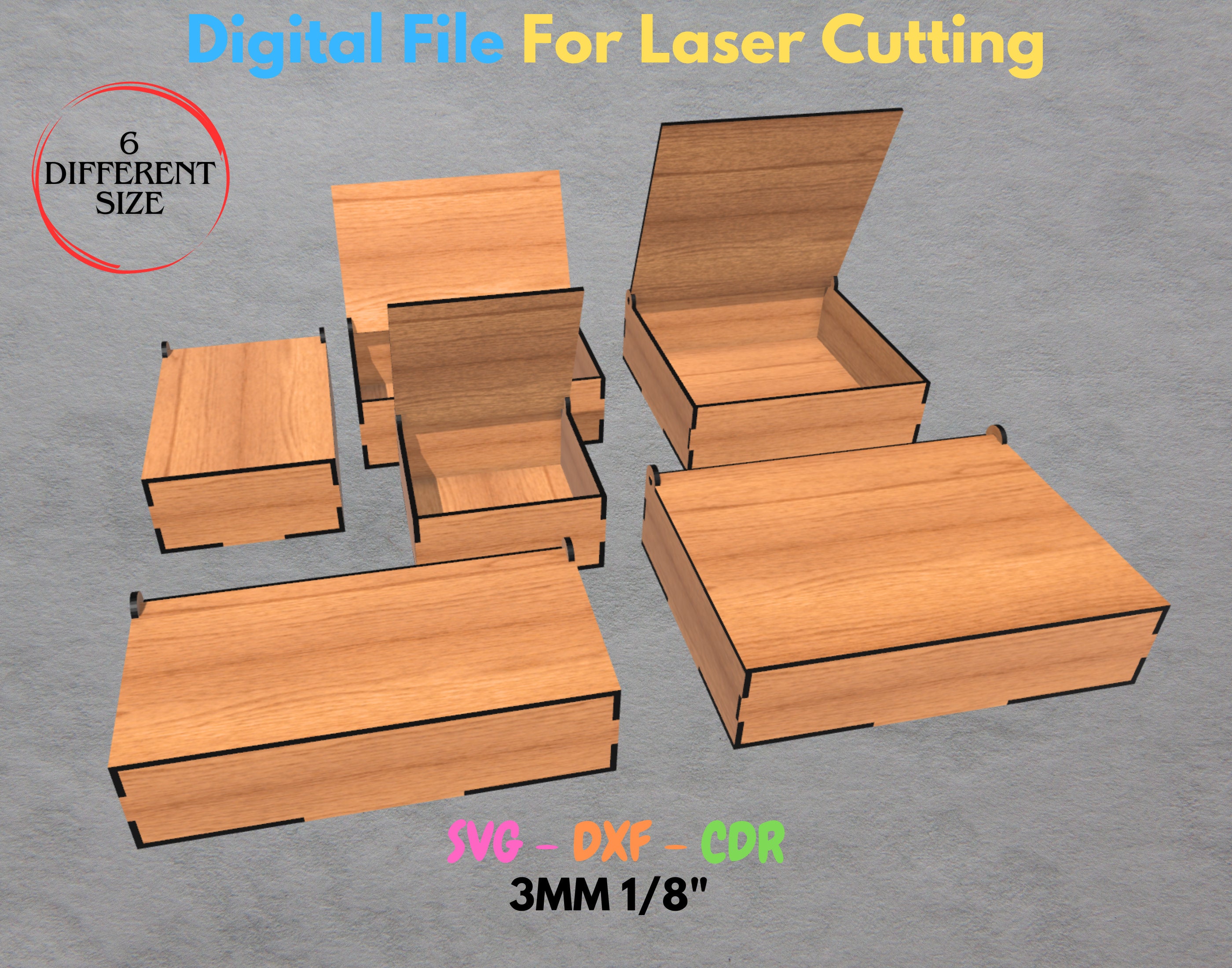 Laser Cut Box With Flip up Lid , Six Different Size Box , for 3mm, 1 ...