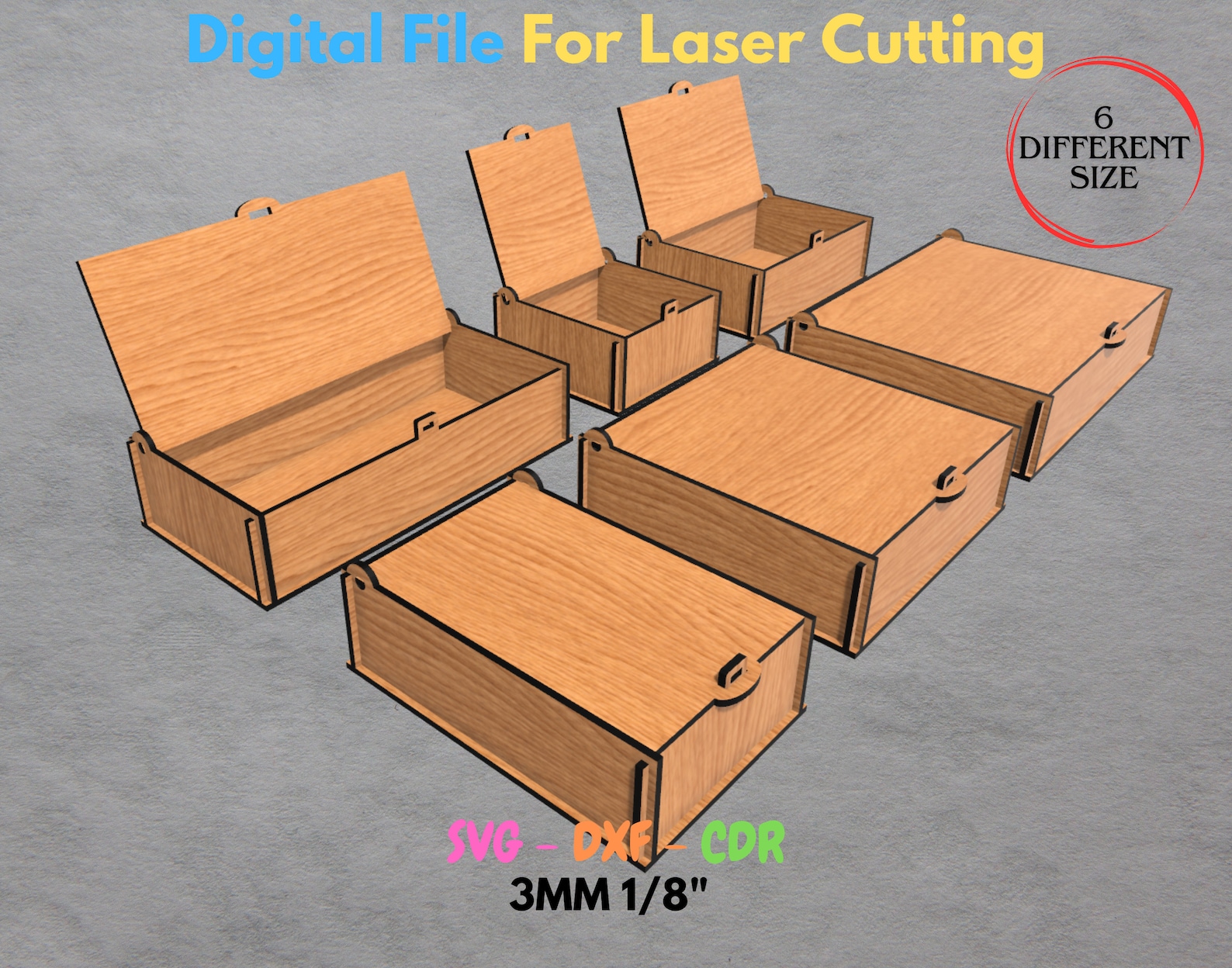 Laser Cut Box With Flip up Lid , Six Different Size Box , for 3mm, 1 ...