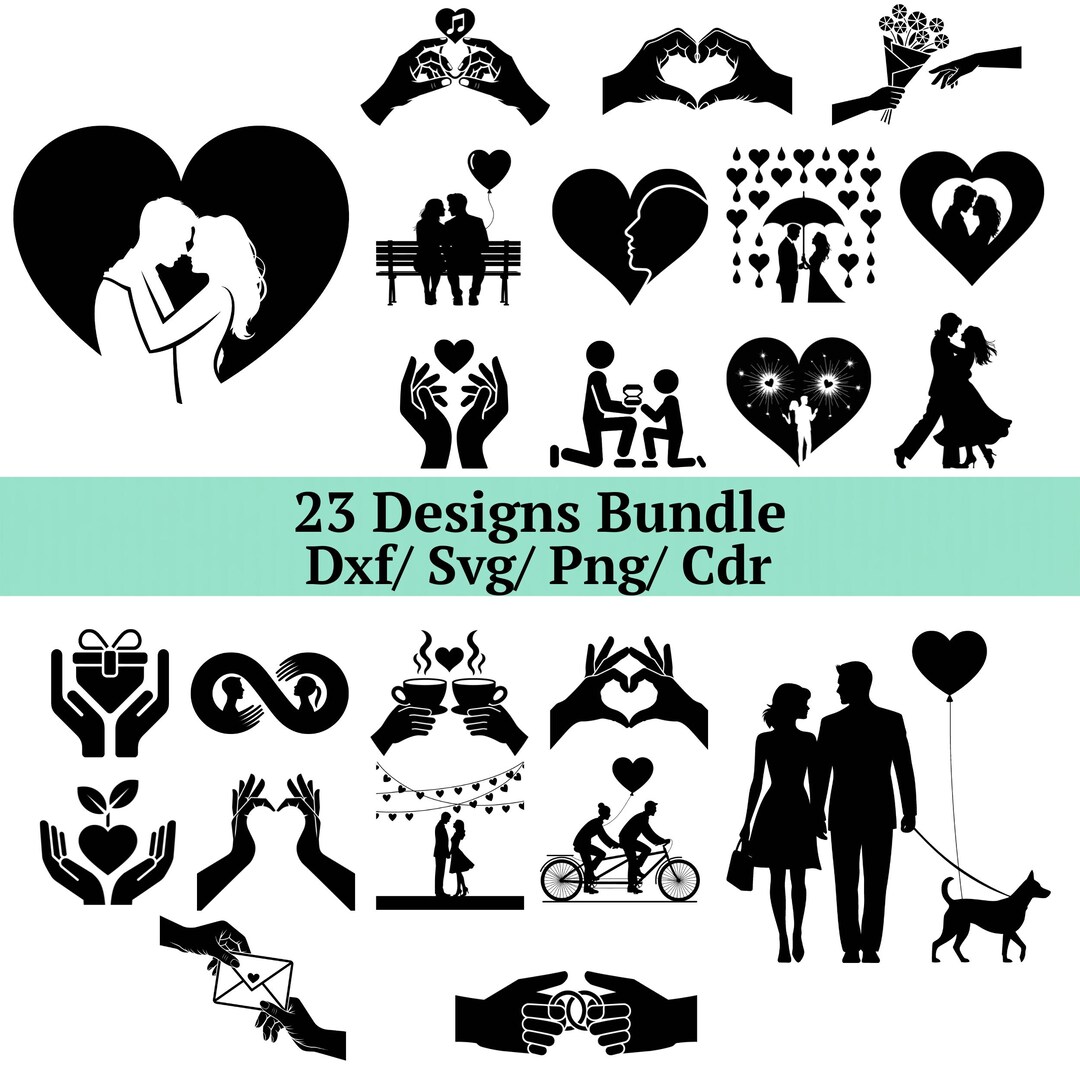 Couple Love SVG DXF Bundle, 23 Romantic Silhouette Designs, Wedding and ...