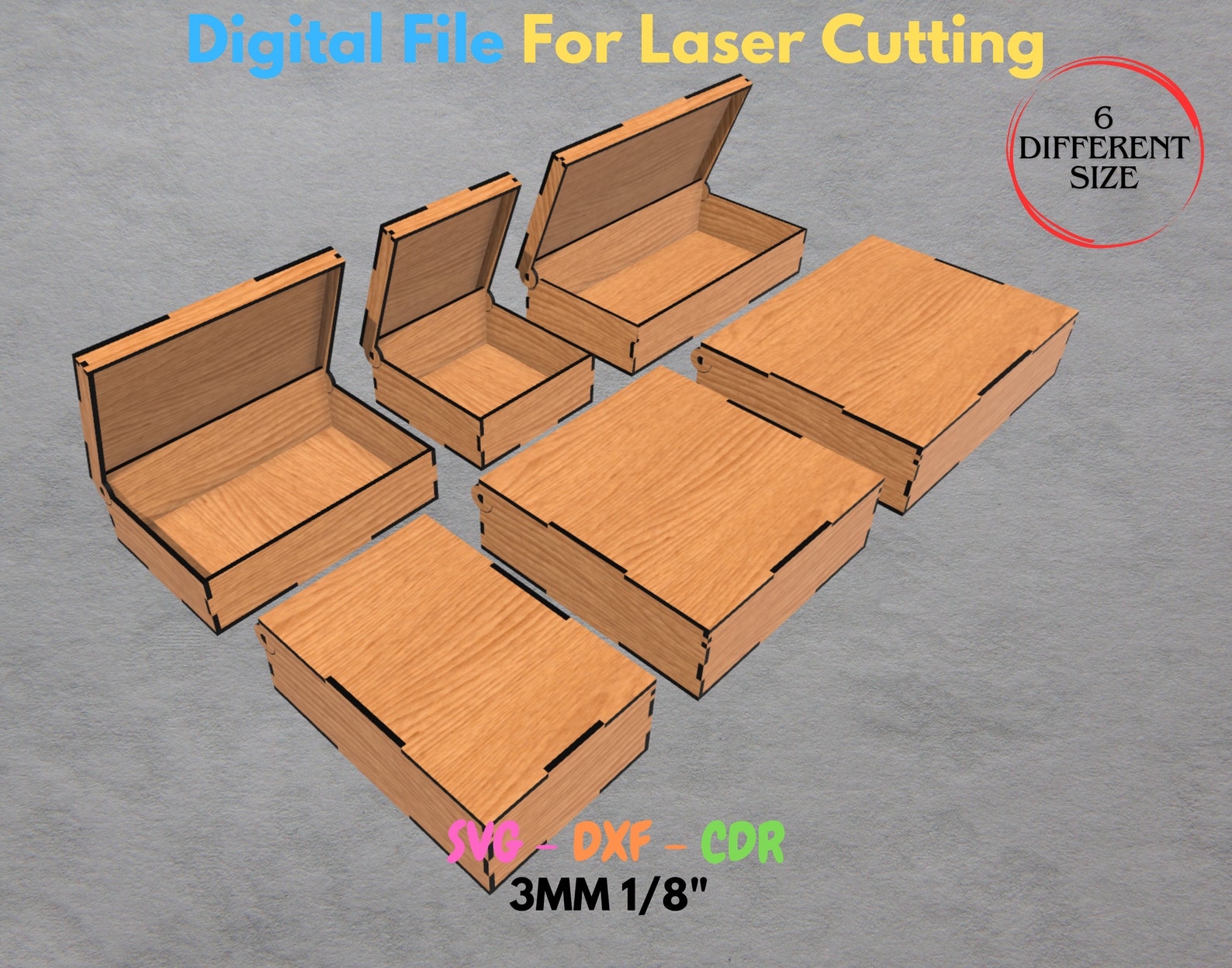 Laser Cut Box With Flip up Lid , Six Different Size Box , for 3mm, 1 ...
