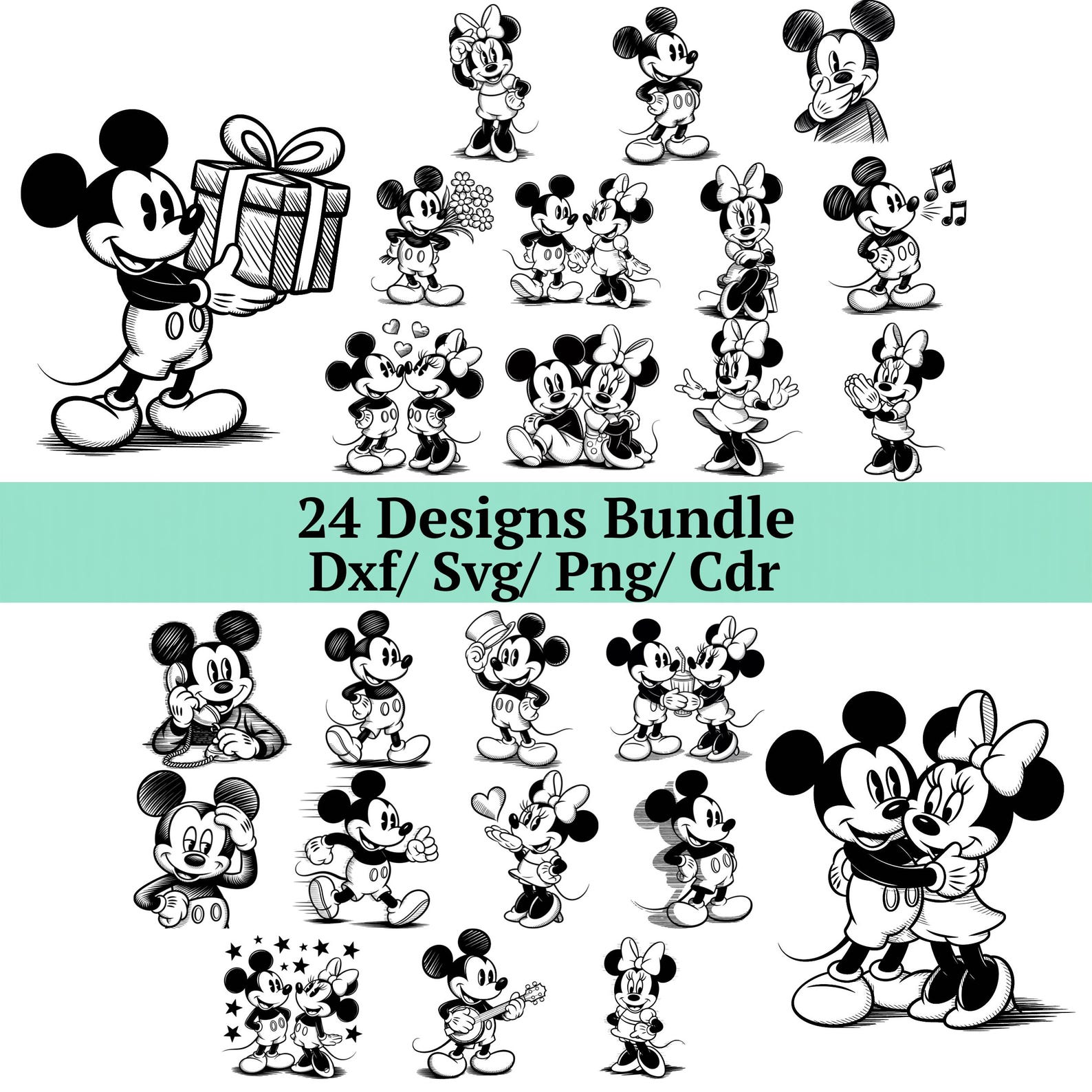 Mickey and Minnie Mouse SVG Dxf Png Cdr Bundle, 24 Classic Character ...