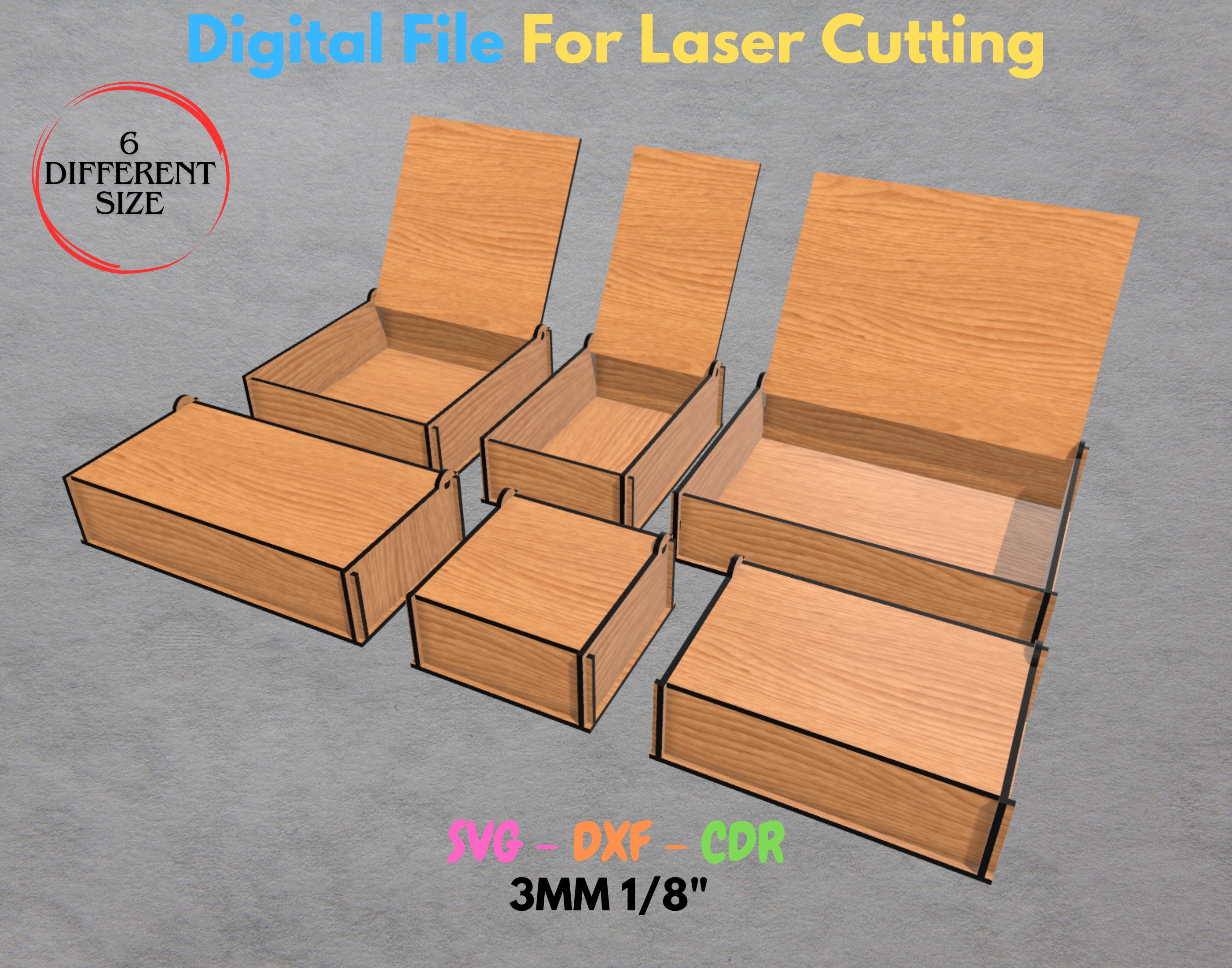 Laser Cut Box With Flip up Lid , Six Different Size Box , for 3mm, 1 ...