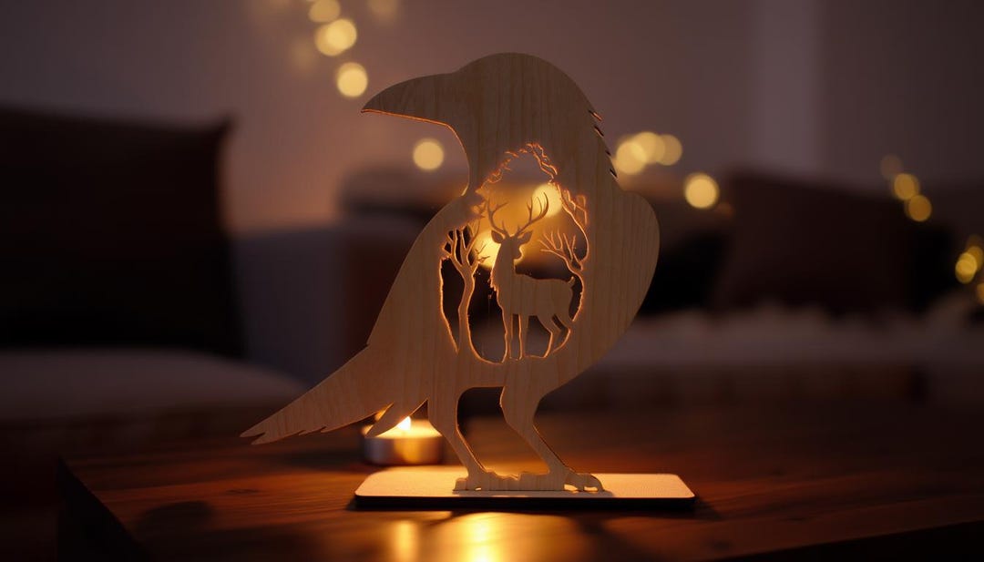 Laser Cut Candlestick Wooden Crow Decoration With Deer and Forest Scene ...