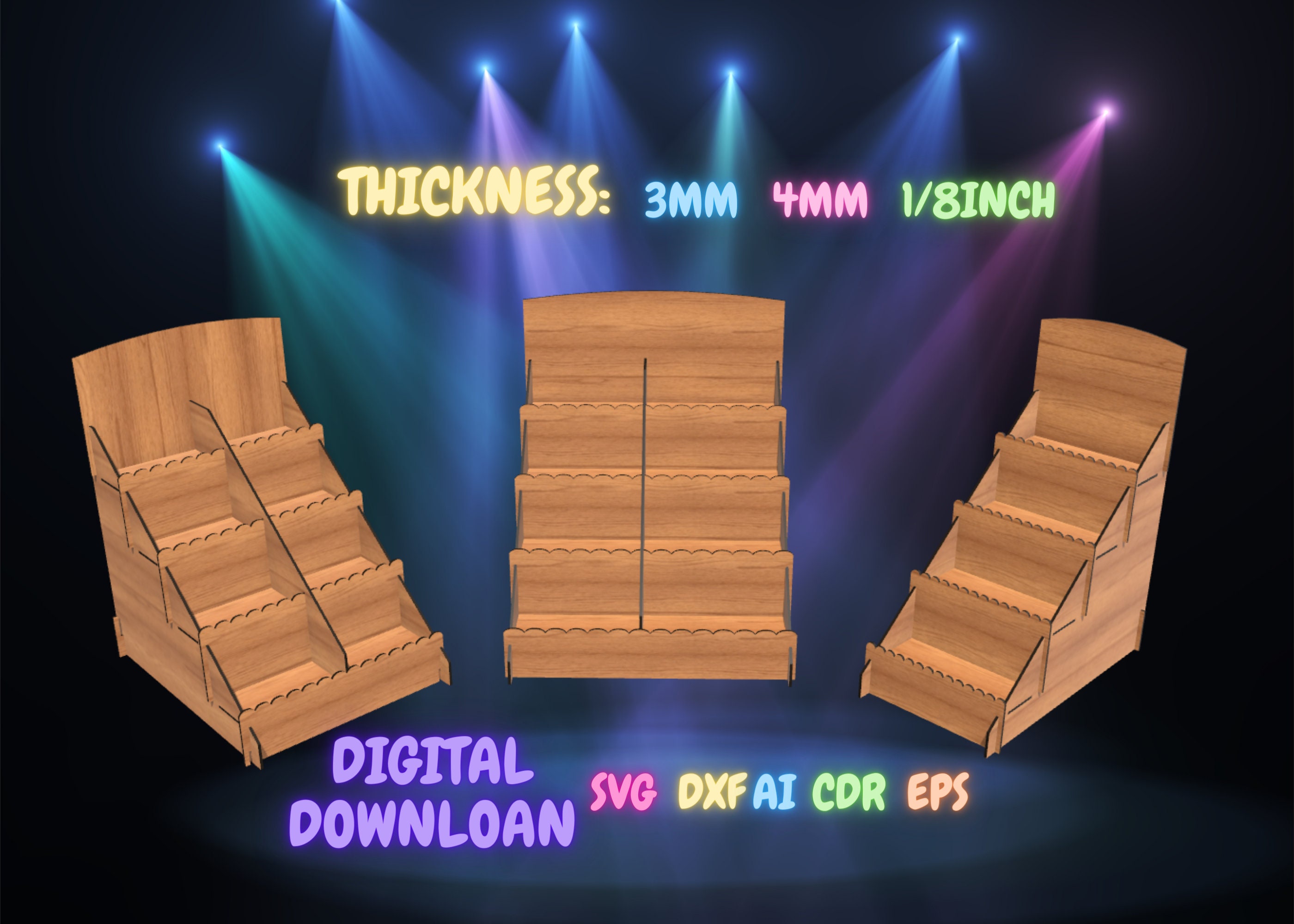 Laser-cut Retail Counter Display Stand in Three Different Sizes - Tiered Display Stand - SVG ...
