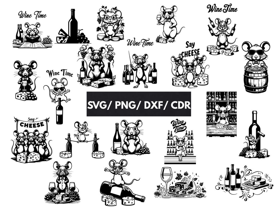 Wine and Cheese SVG Bundle | Mouse SVG Designs | Wine Cut Files ...