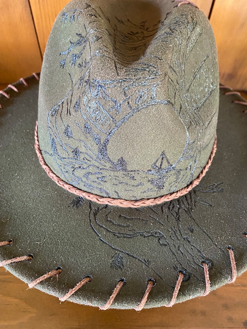 Hunter Green Fedora With Scenic Lake, Tree, Mountains and Sail Boat ...