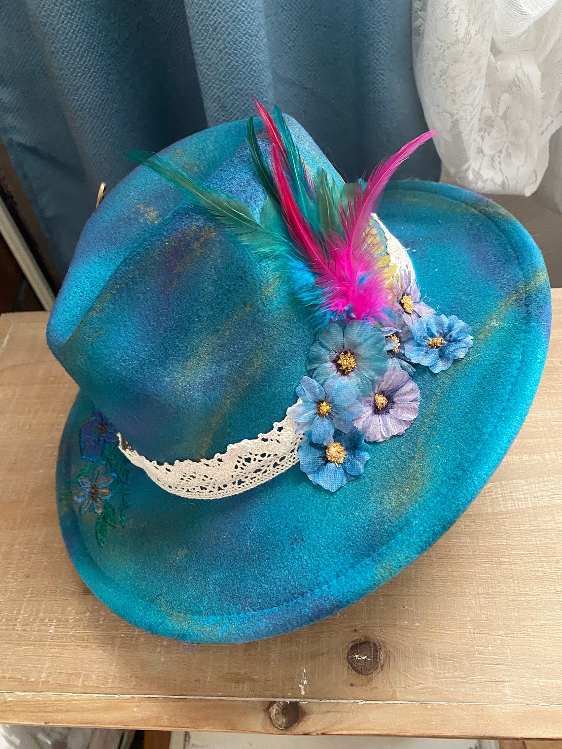 Turquoise Fedora Free Hand Pyography Floral Design. Floral and Feather ...
