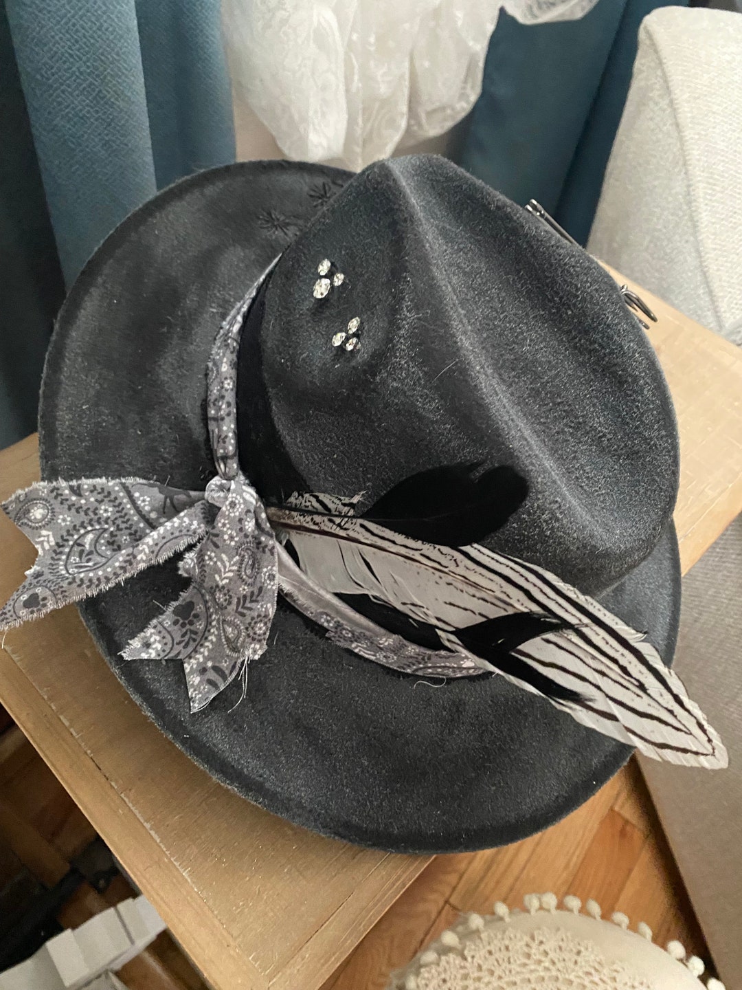 Black Fedora Free Hand Pyography Floral Design. Bling Employments. - Etsy