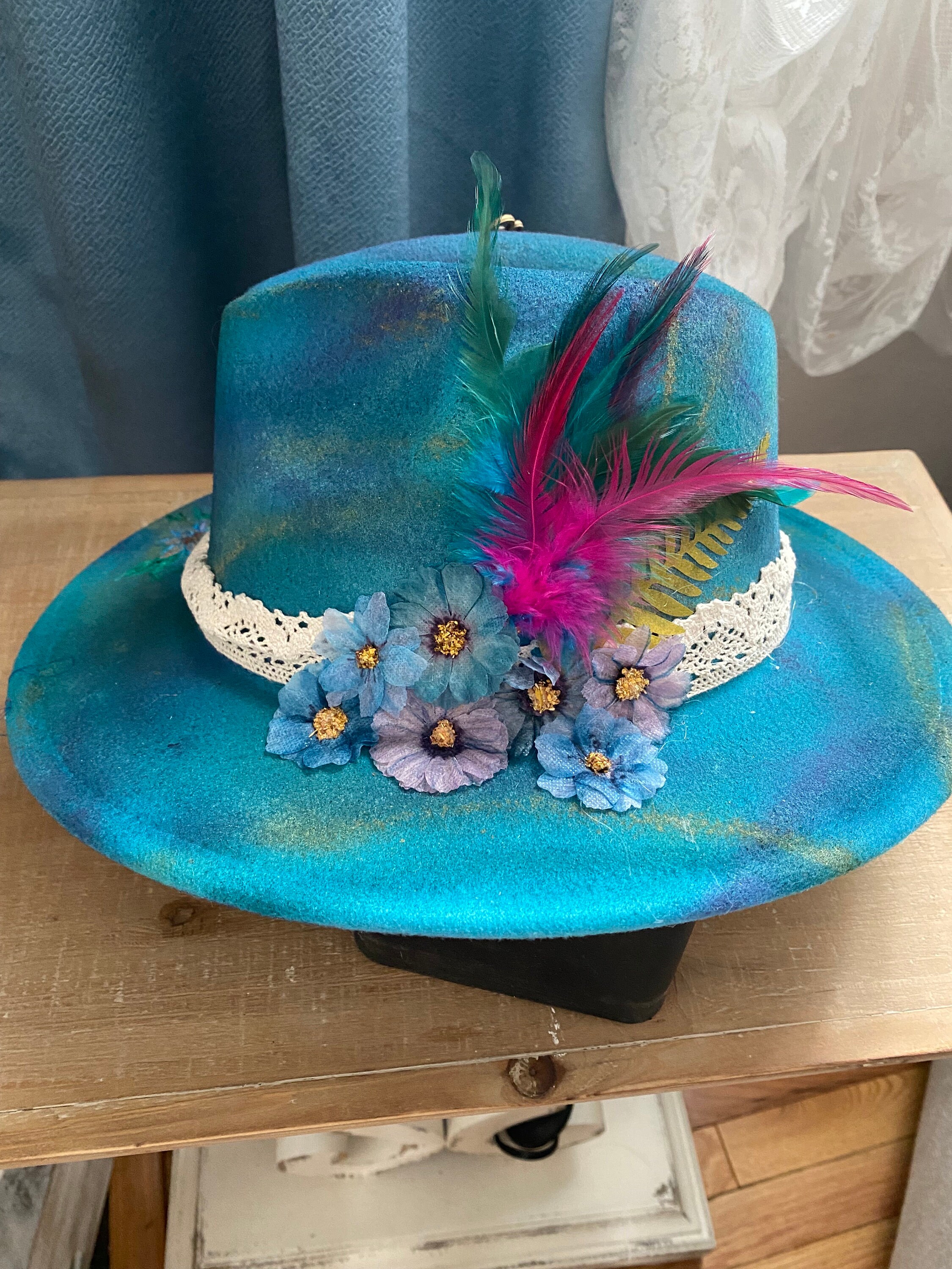 Turquoise Fedora Free Hand Pyography Floral Design. Floral and Feather ...