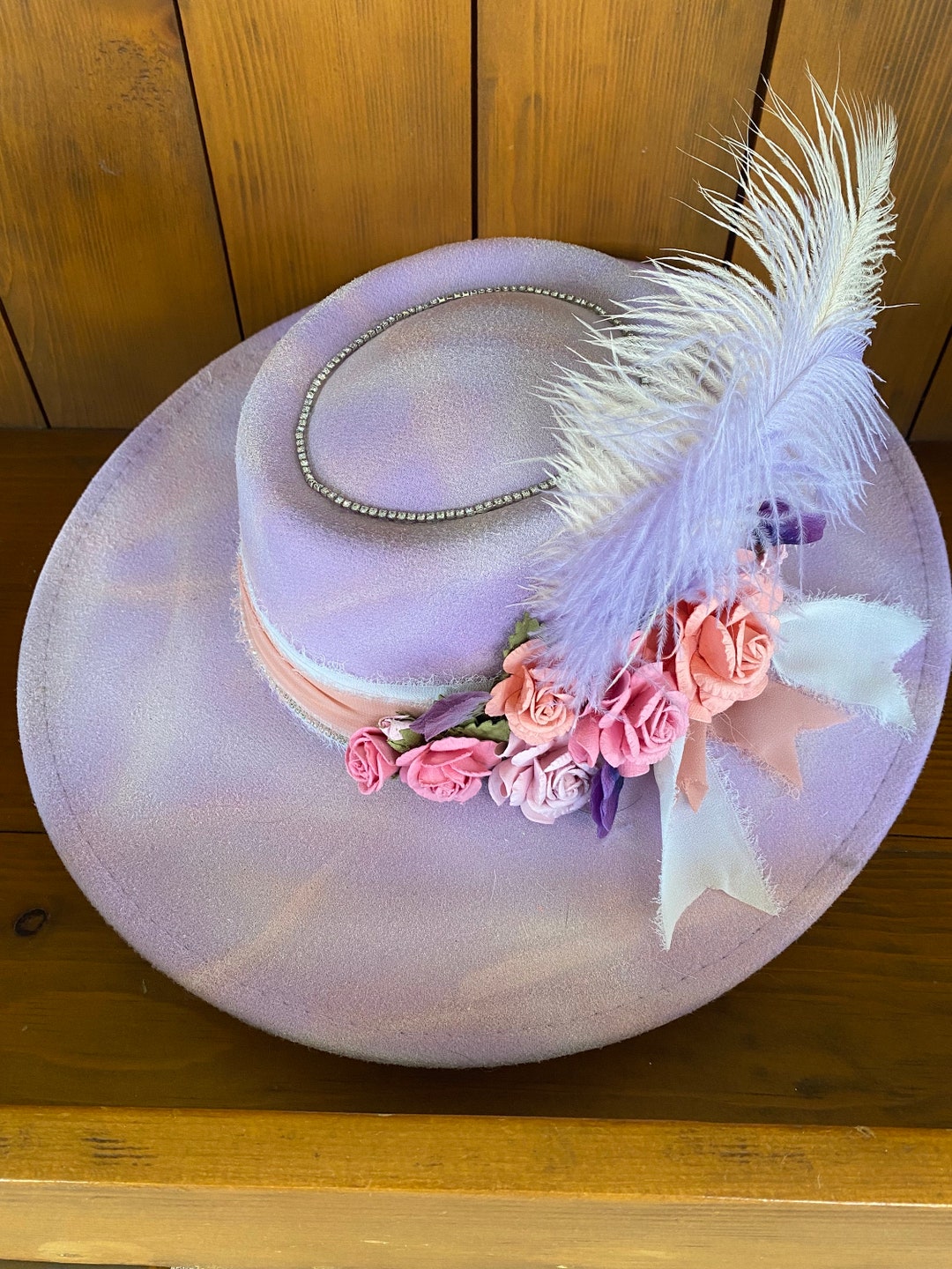 Wide Brim Lavendar and Peach Fedora. Floral Amd Feather Accents. - Etsy