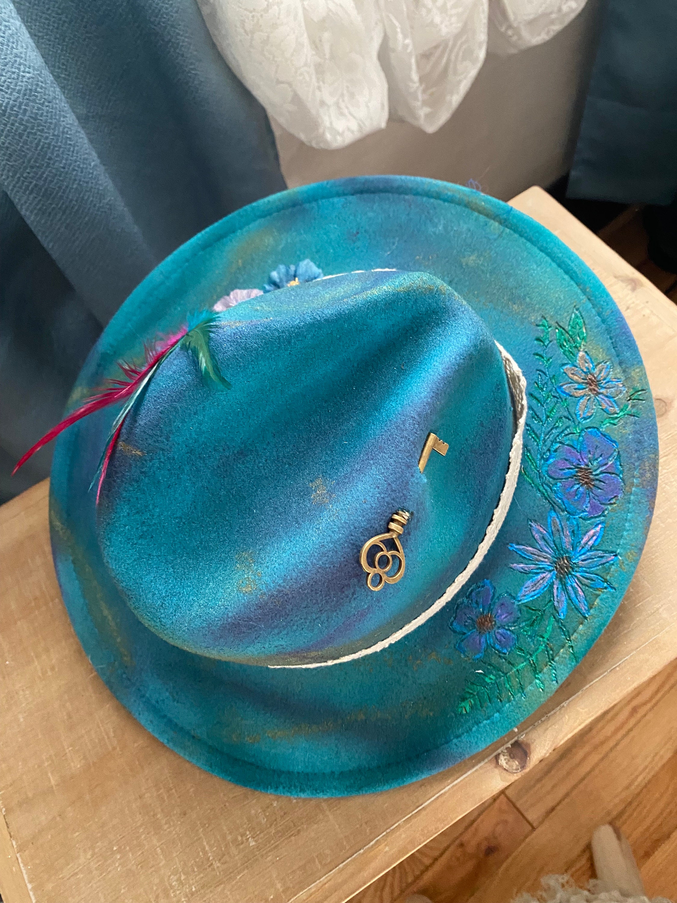 Turquoise Fedora Free Hand Pyography Floral Design. Floral and Feather ...