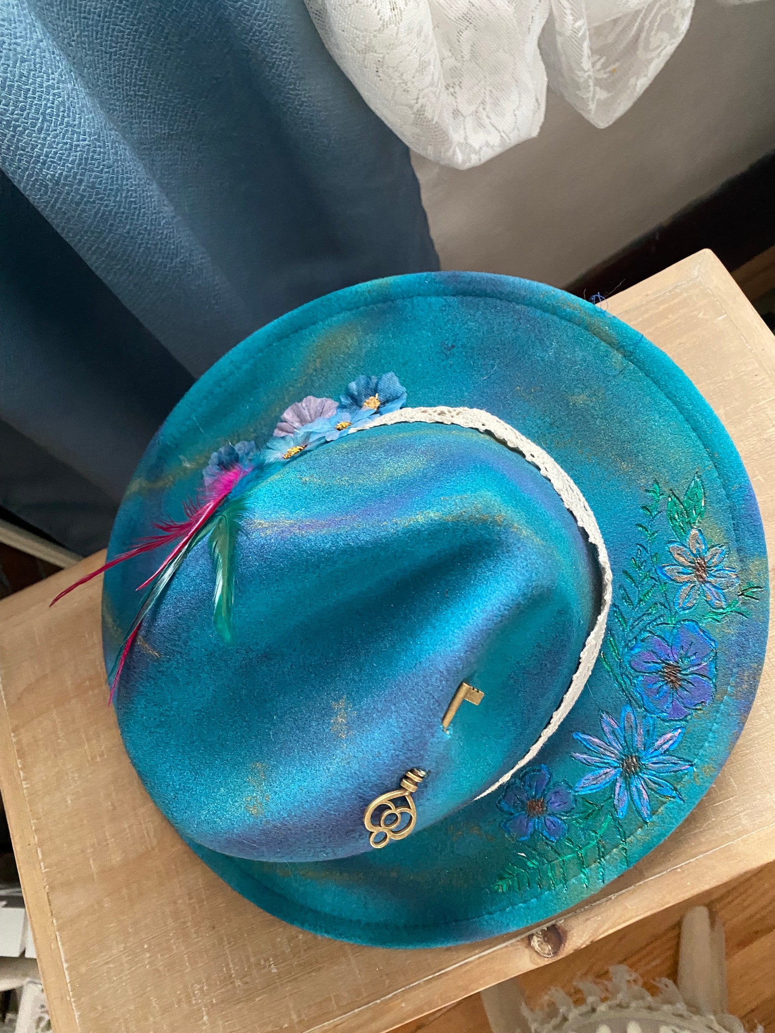 Turquoise Fedora Free Hand Pyography Floral Design. Floral and Feather ...