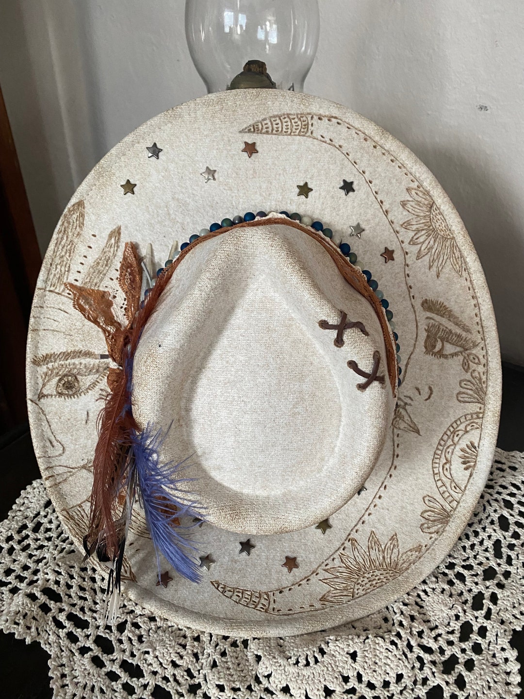 Oatmeal/ Heathered Wide Brim Fedora With Celestial Sun, Moon Burning ...