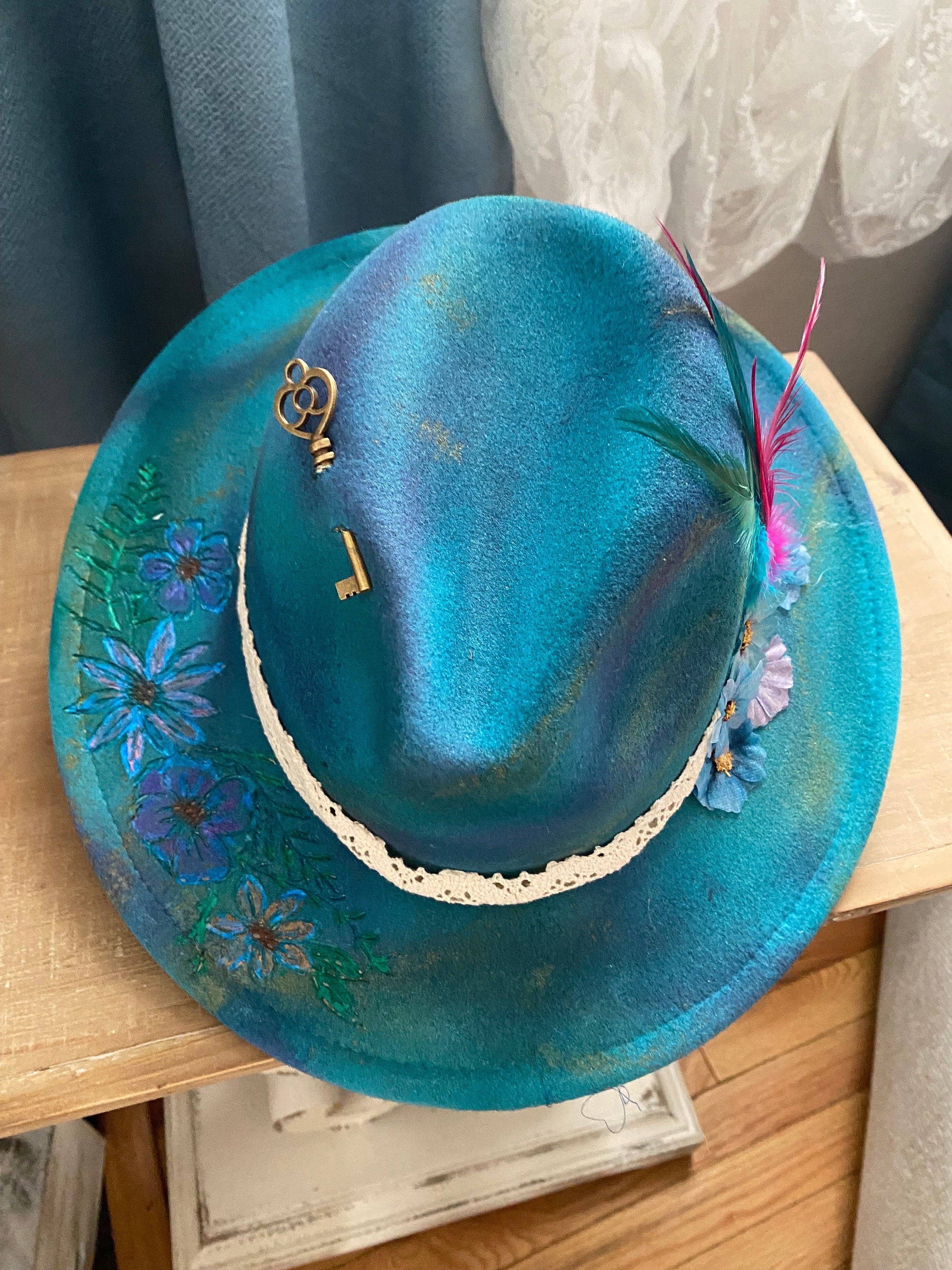 Turquoise Fedora Free Hand Pyography Floral Design. Floral and Feather ...