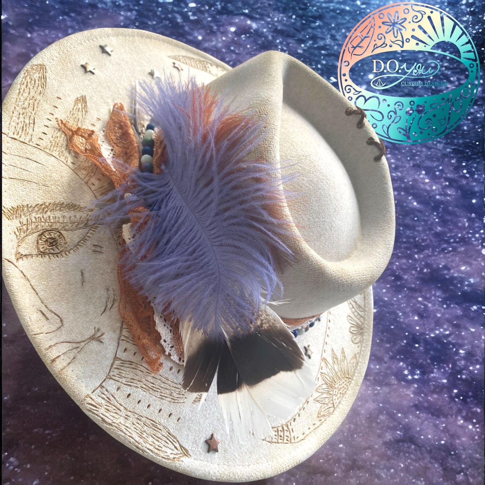 Oatmeal/ Heathered Wide Brim Fedora With Celestial Sun, Moon Burning ...