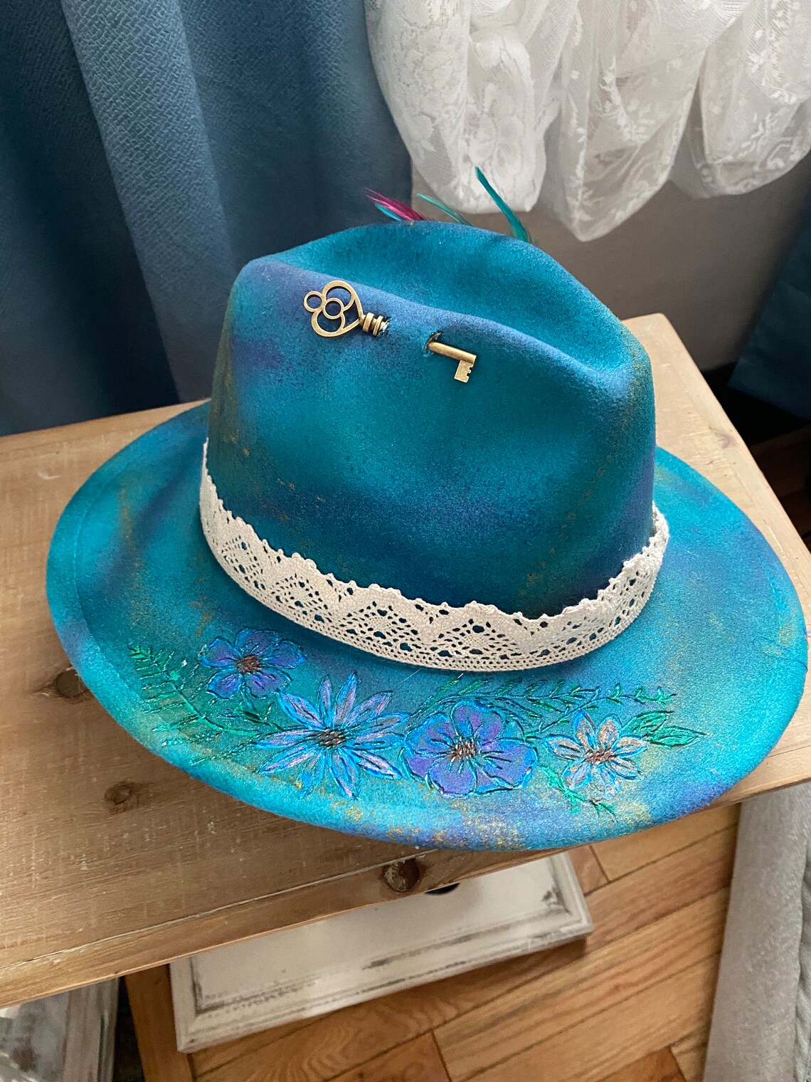 Turquoise Fedora Free Hand Pyography Floral Design. Floral and Feather ...