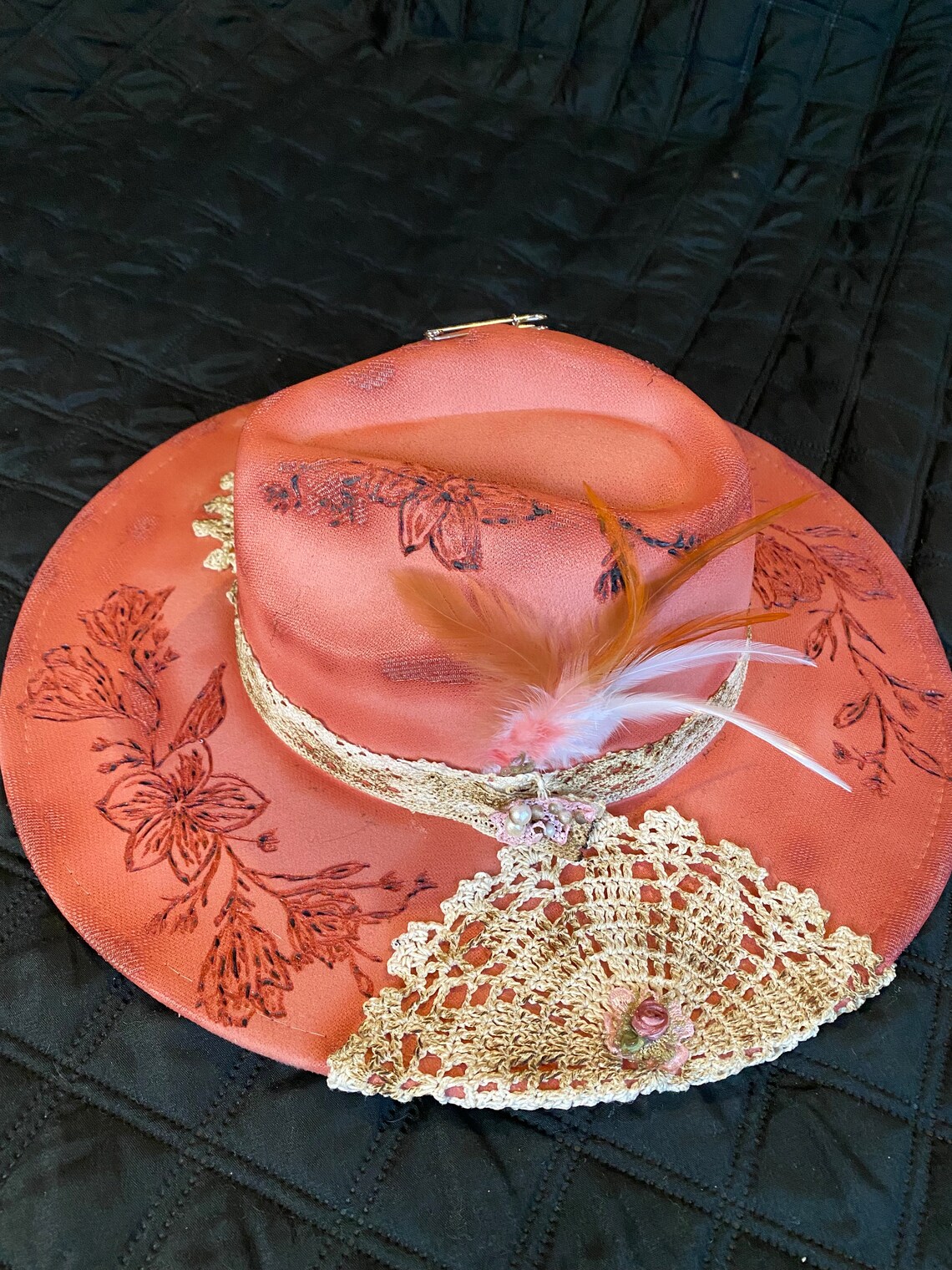Pink Wide Brim Fedora With Custom Painting and Floral Burning. - Etsy