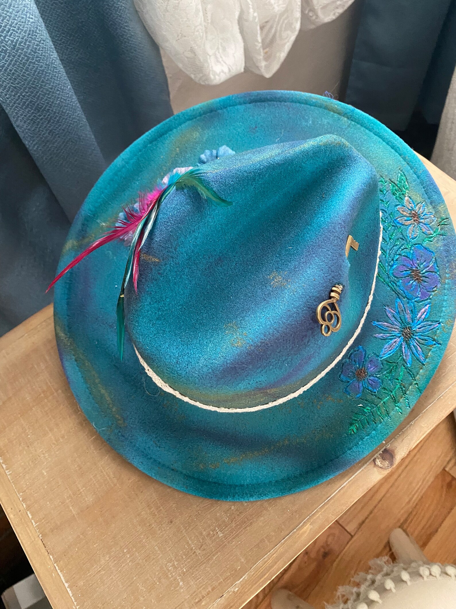 Turquoise Fedora Free Hand Pyography Floral Design. Floral and Feather ...