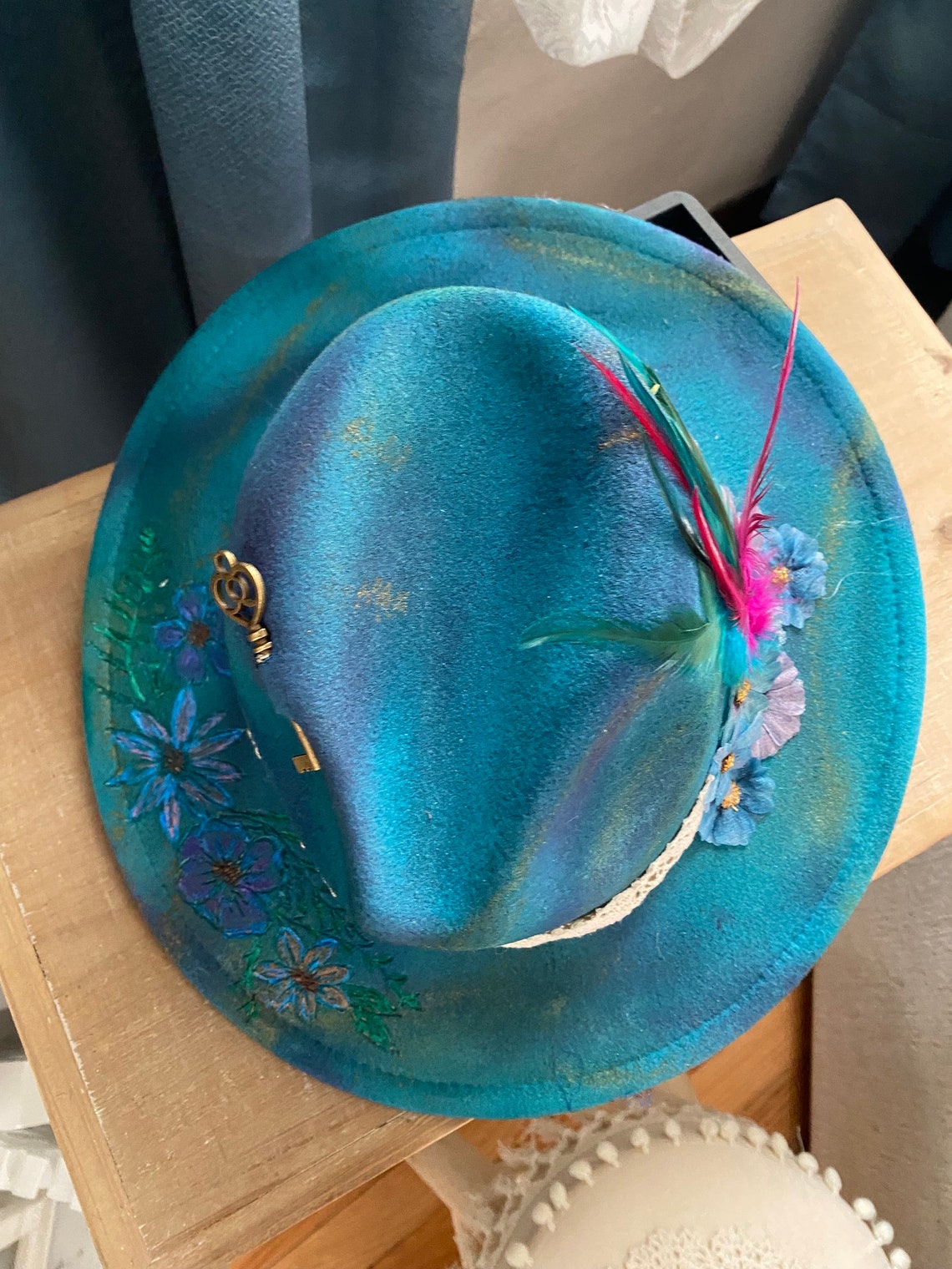 Turquoise Fedora Free Hand Pyography Floral Design. Floral and Feather ...