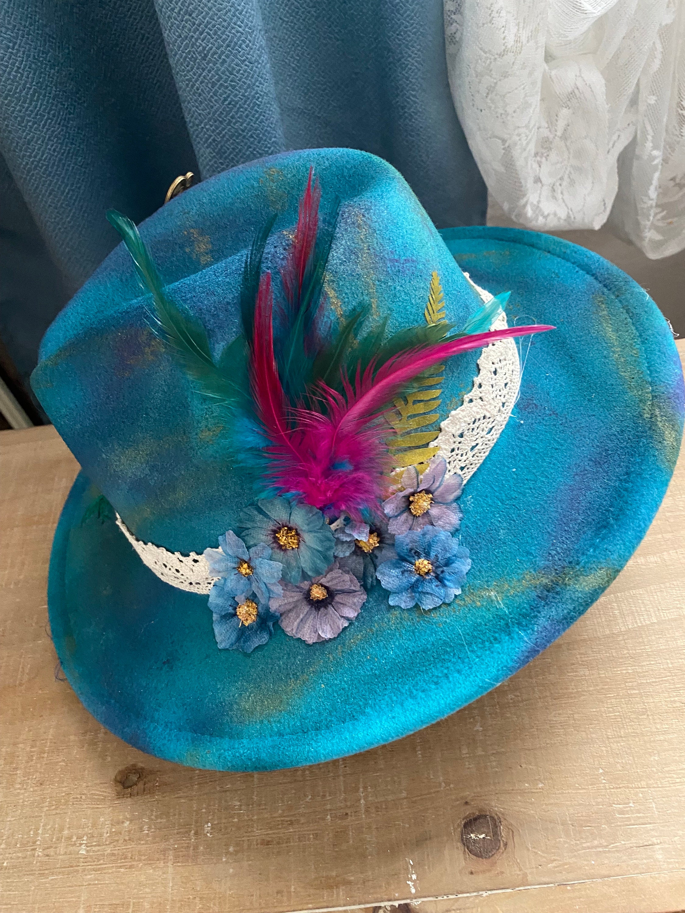 Turquoise Fedora Free Hand Pyography Floral Design. Floral and Feather ...