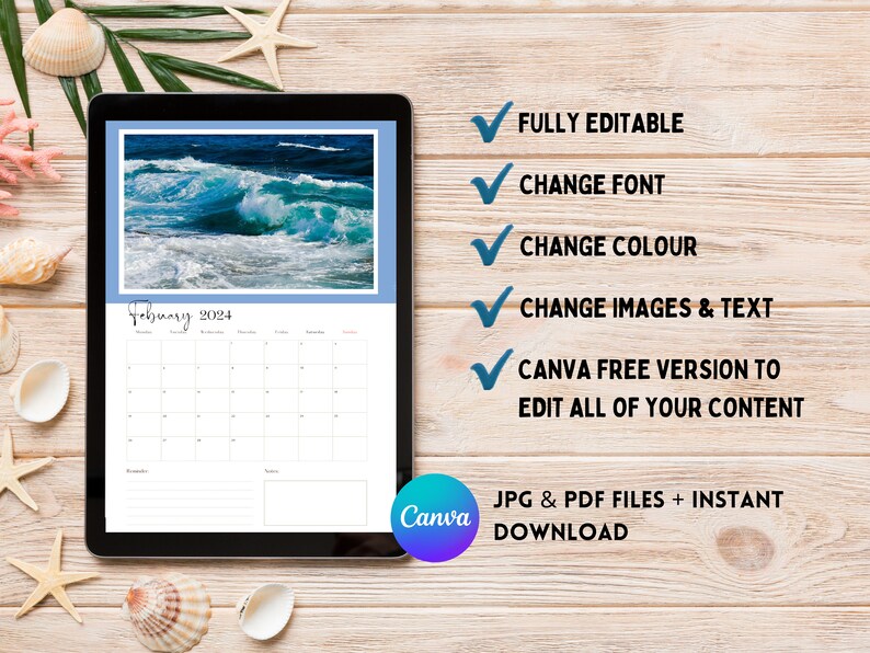 2024 Sea Waves Calendar Printable PDF & PNG Instant Download CANVA ...