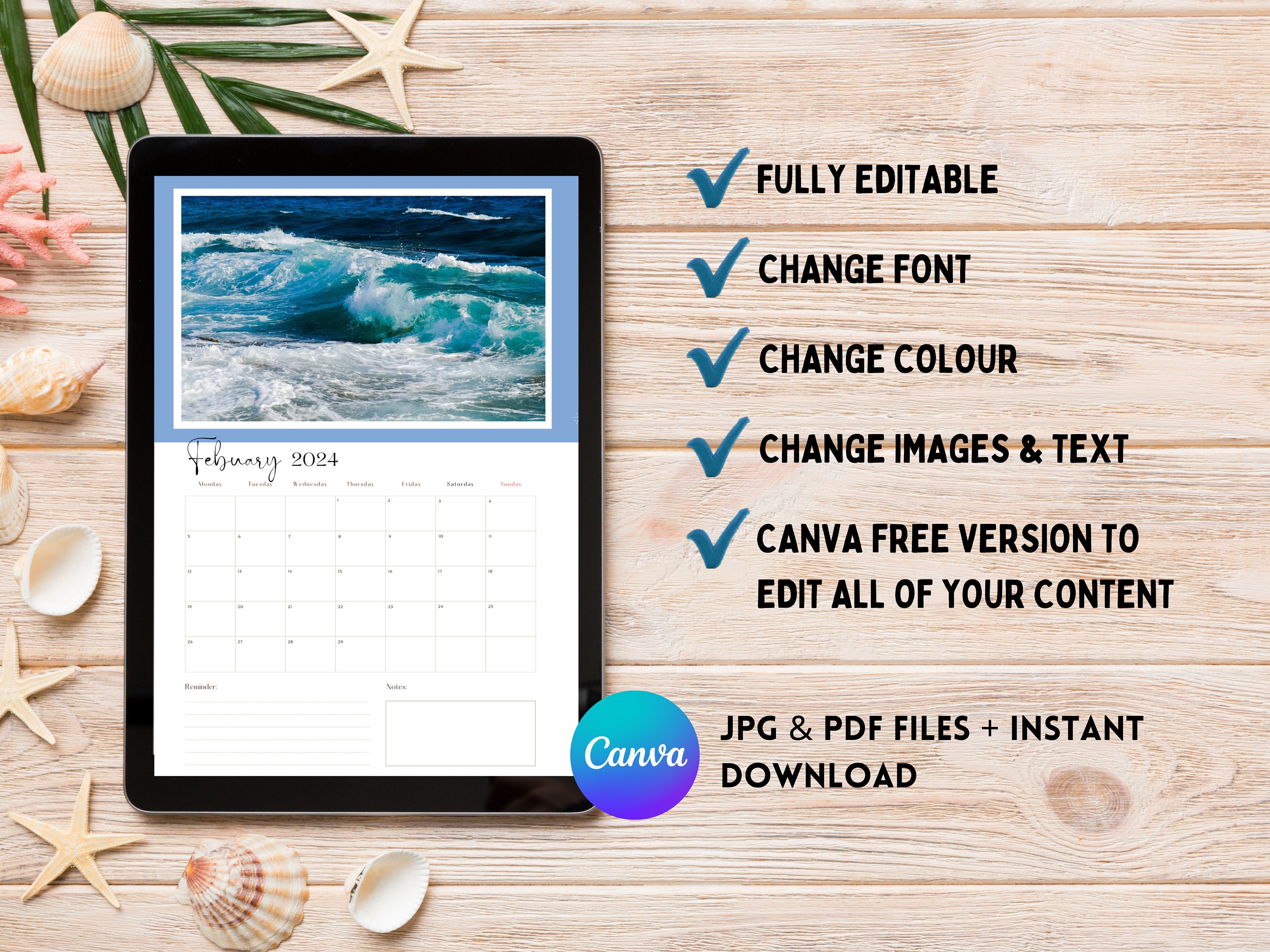 2024 Sea Waves Calendar Printable PDF & PNG Instant Download CANVA ...