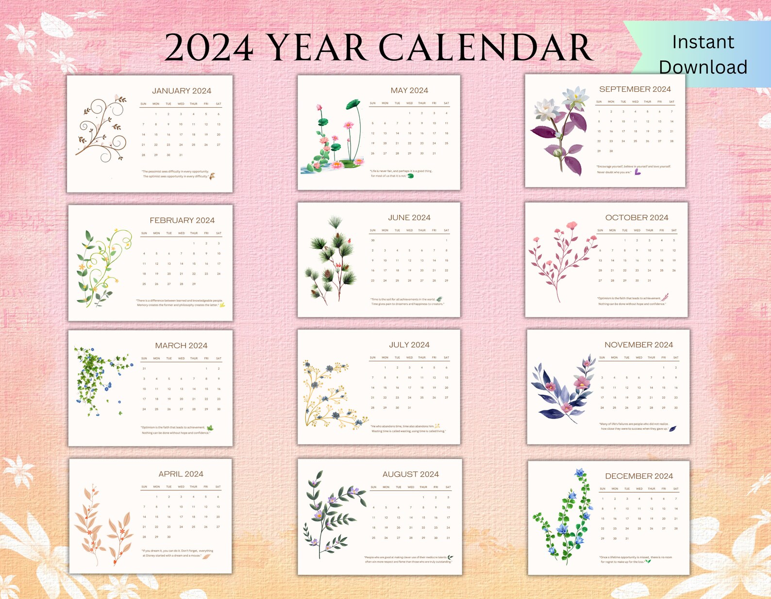 Editable & Printable Floral Calendar 2024 Landscape A4 Digital Calendar ...