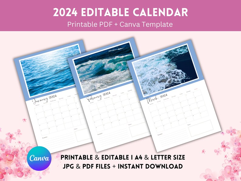 2024 Sea Waves Calendar Printable PDF & PNG Instant Download CANVA ...