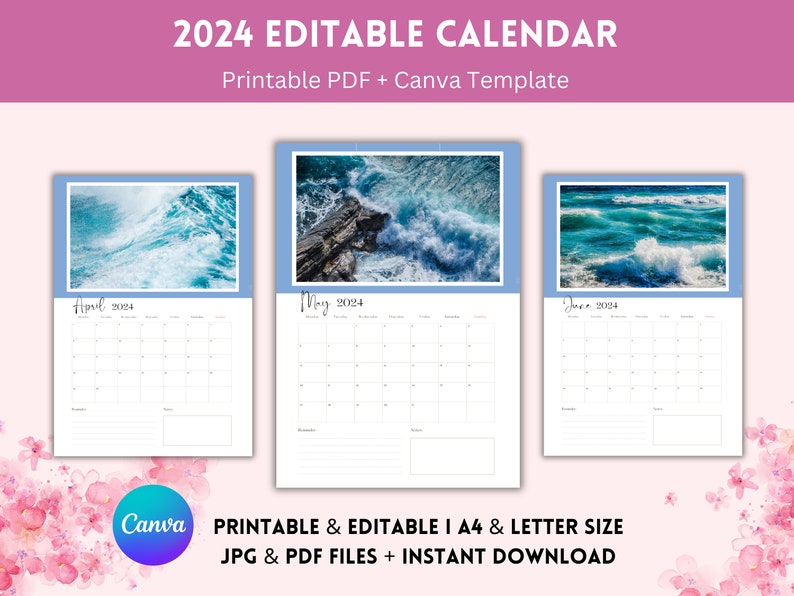 2024 Sea Waves Calendar Printable PDF & PNG Instant Download CANVA ...