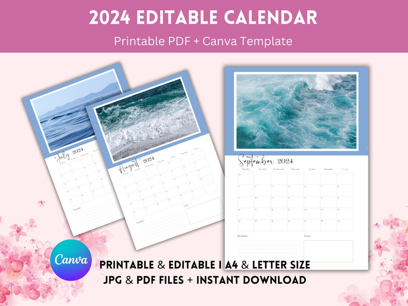 2024 Sea Waves Calendar Printable PDF & PNG Instant Download CANVA ...